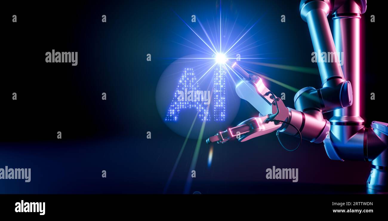 Artificial robot arm holding digital sphere. control robotics automatic ...