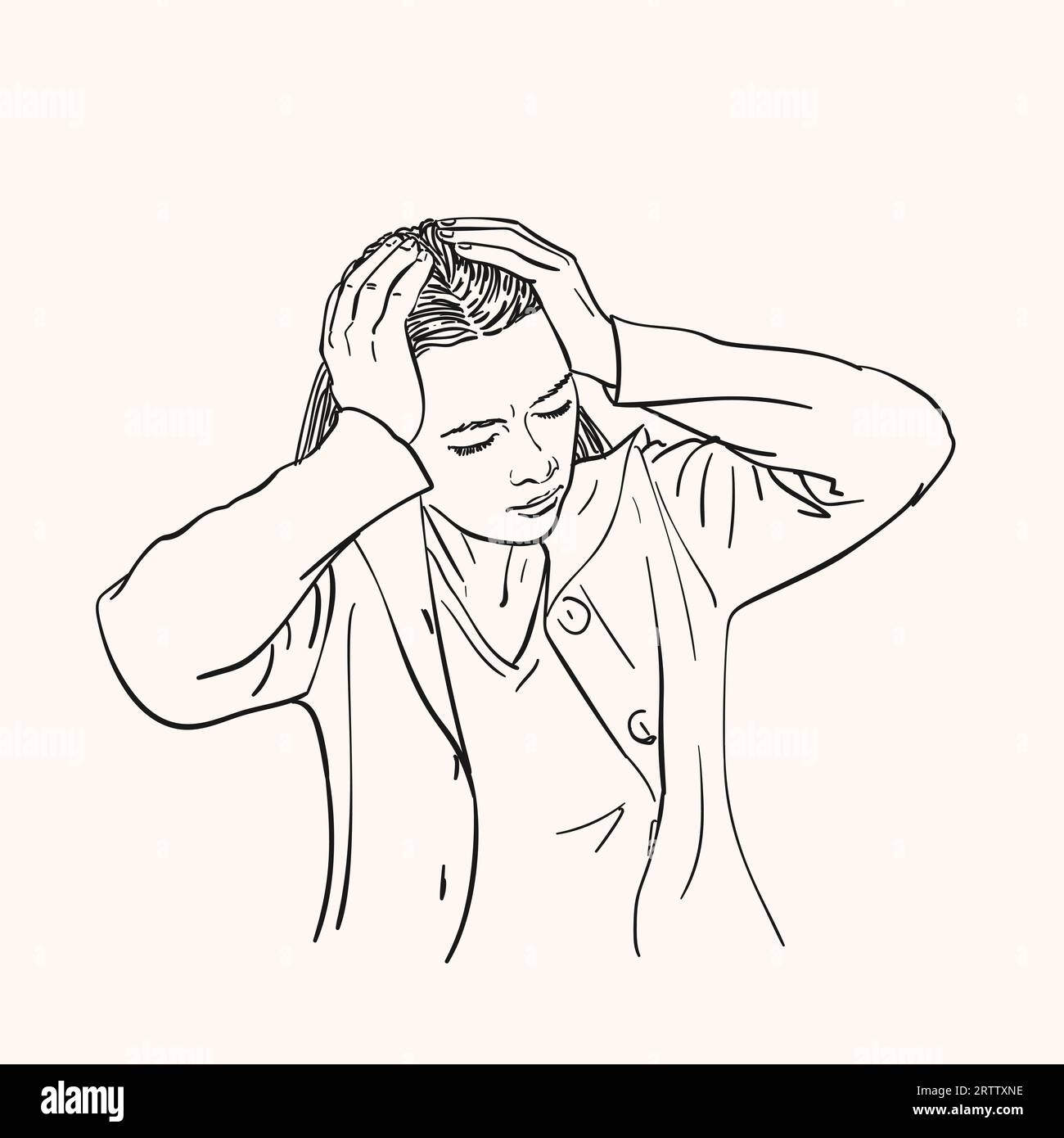 Sketch of young woman has headache holding hands on her head, Hand ...