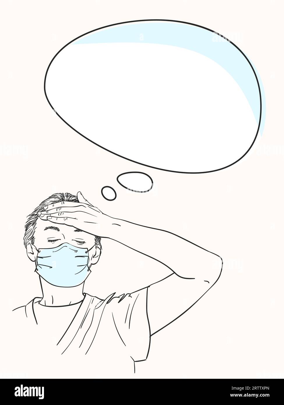 Sketch of woman in medical face mask with headache holding hand on her ...