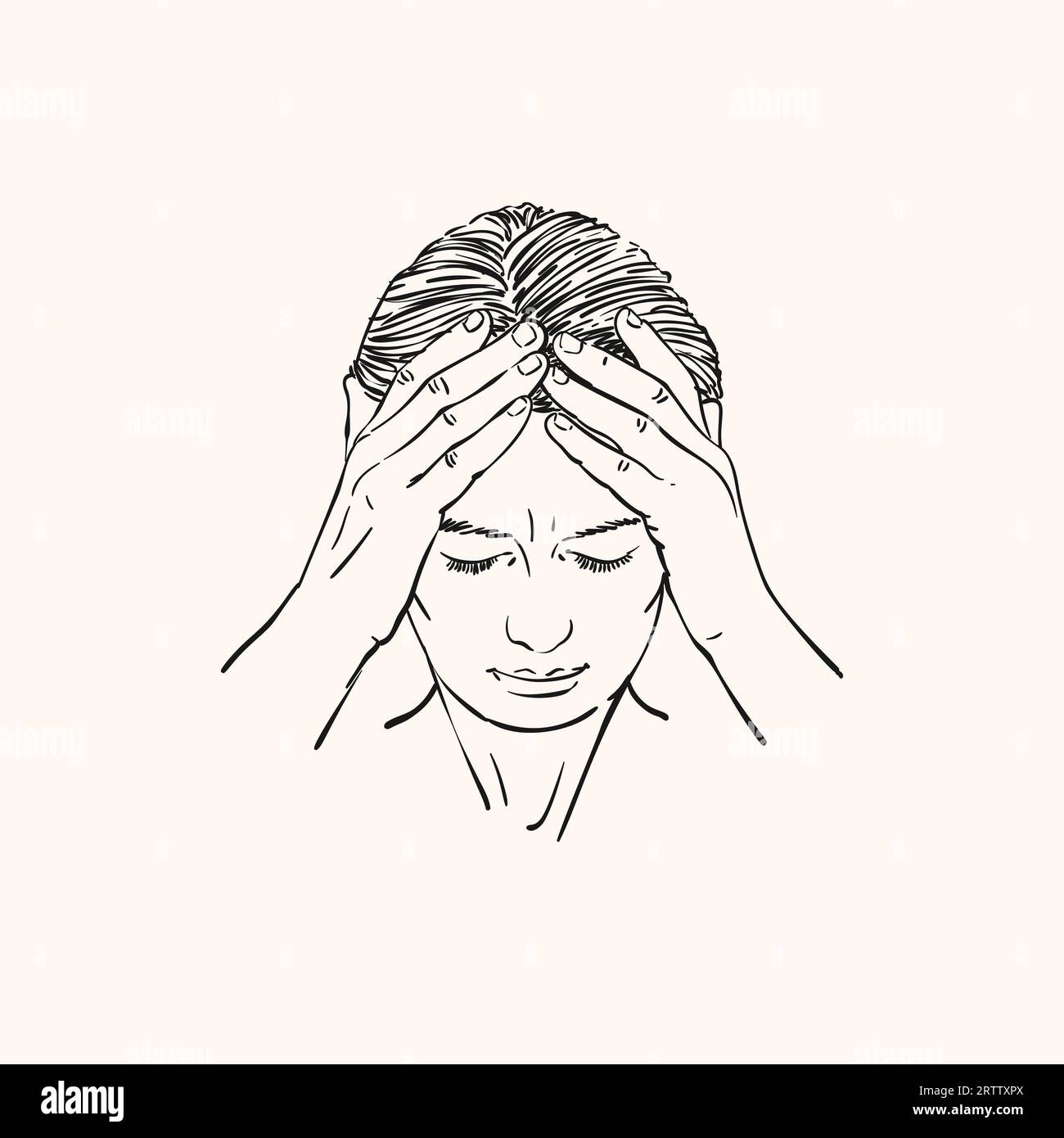 Sketch of young woman has problem and headache holding hands on her ...