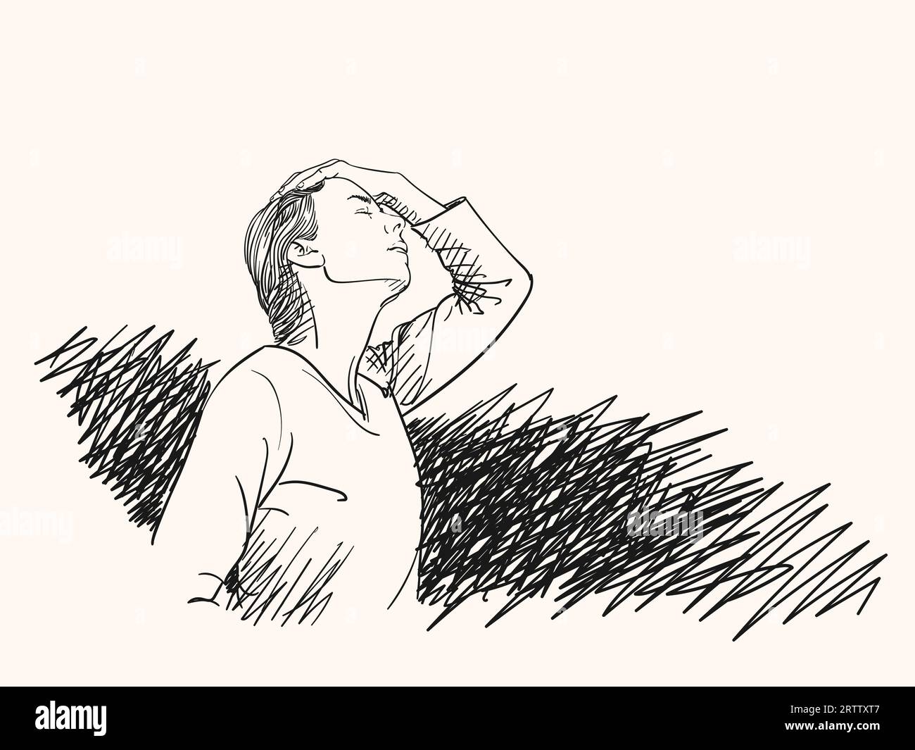 Sketch of young woman has headache holding hand on her head with ...