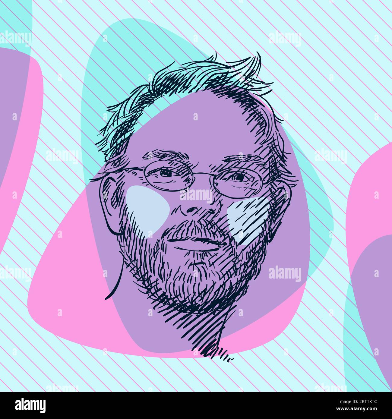 Sketch of man's head with beard and colored cheeks on aqua menthe and ...