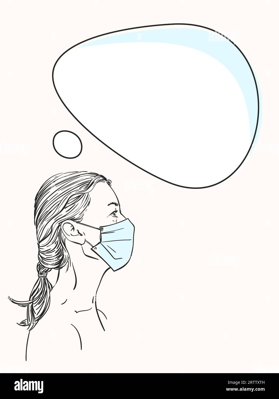 Sketch of woman in profile wearing medical face mask, template for ...