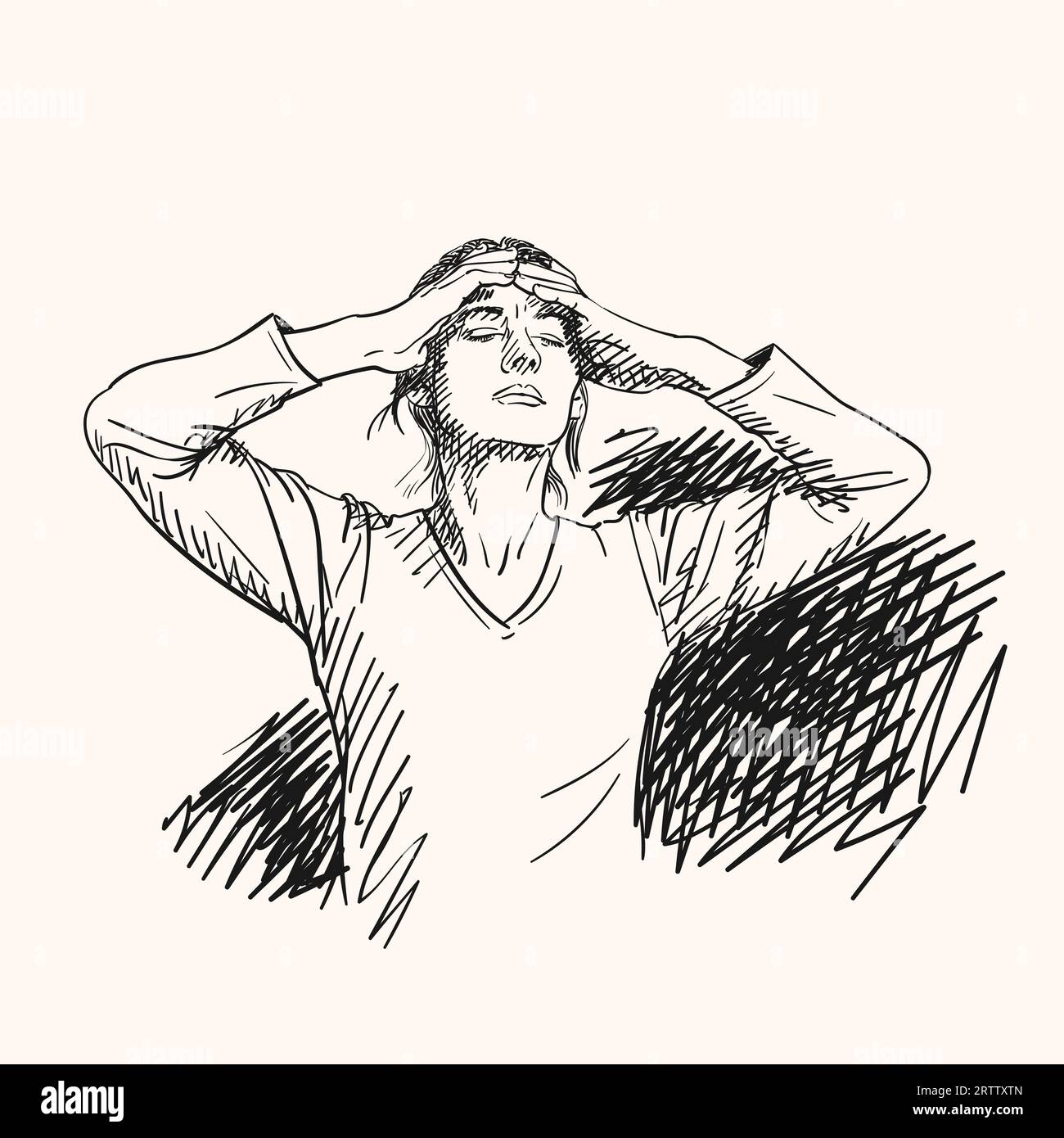 Sketch of young woman has headache holding hands on her head with ...