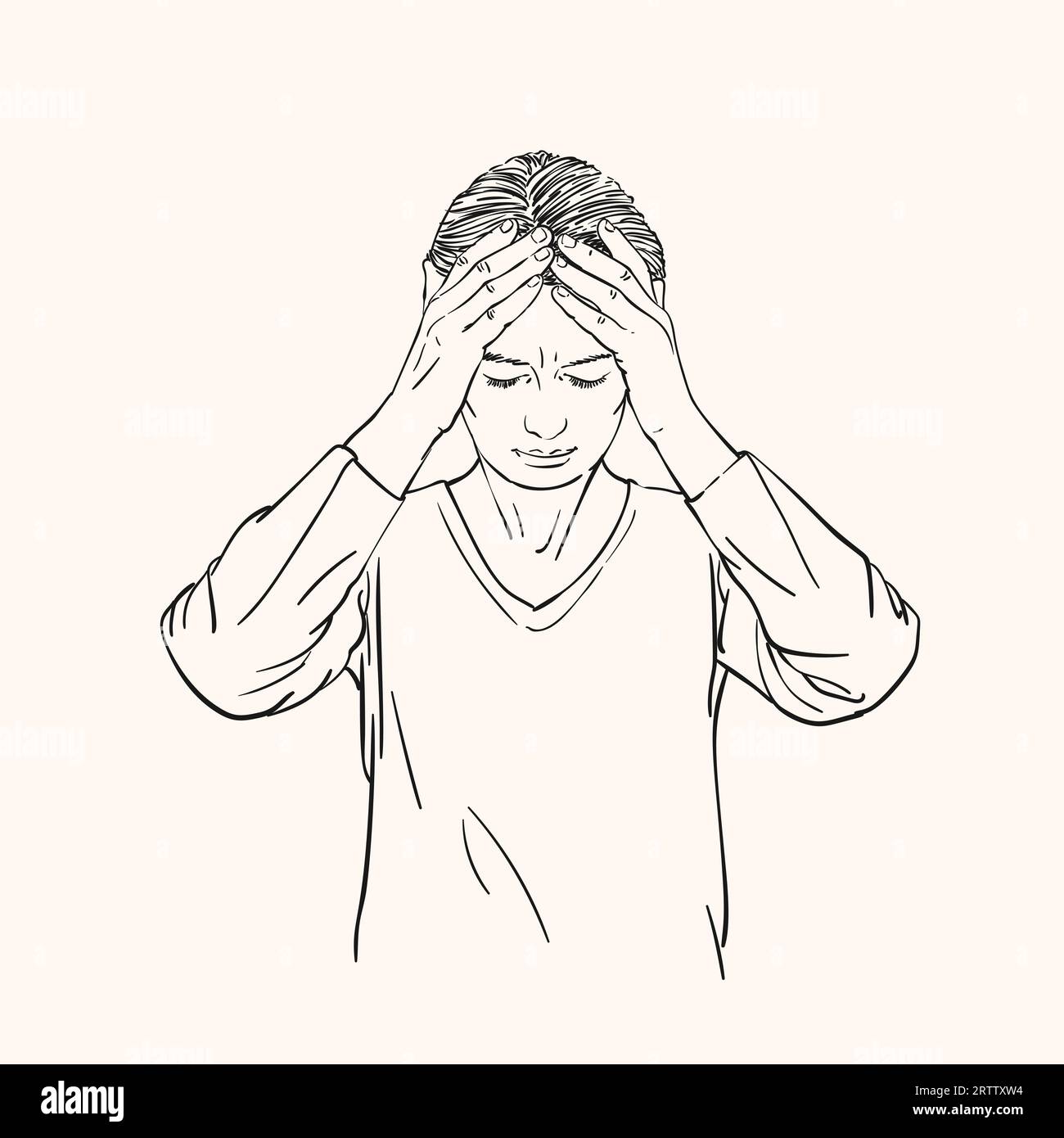 Sketch of young woman has headache holding hands on her head, Hand ...