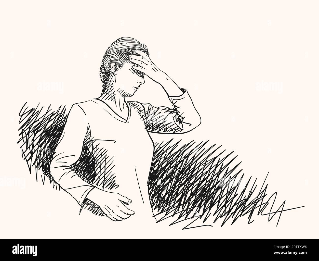 Sketch of young woman has headache holding hand on her head with ...