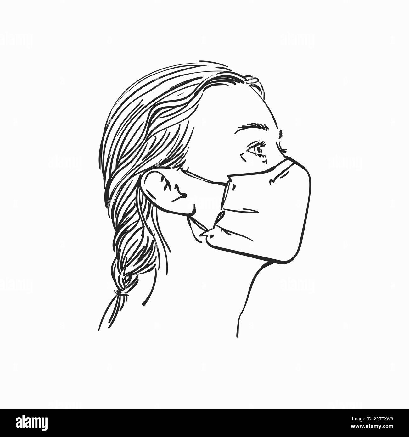 Woman portrait in profile wearing medical face mask, Hand drawn linear ...