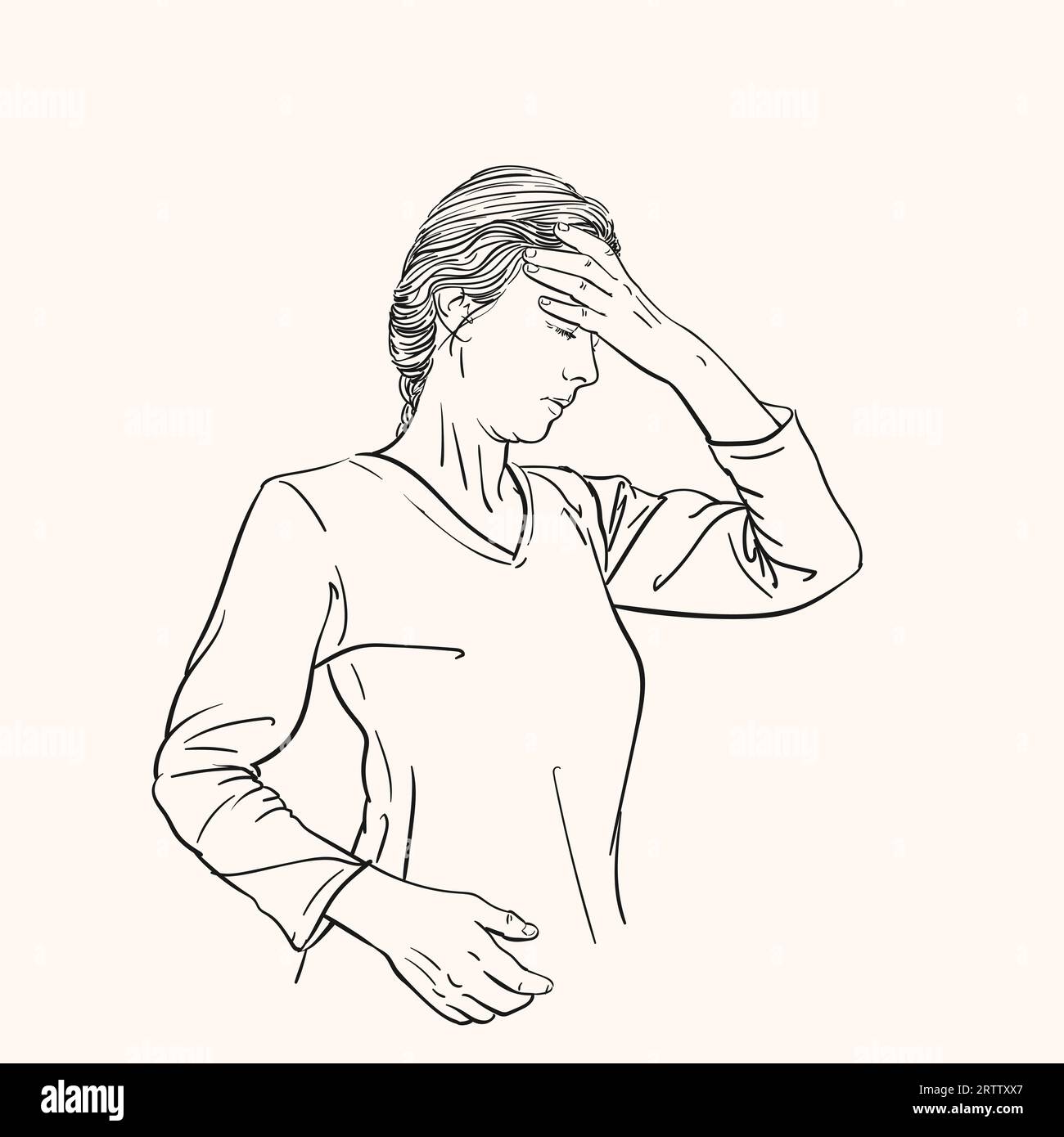Sketch of young woman has headache holding hand on her head in profile ...