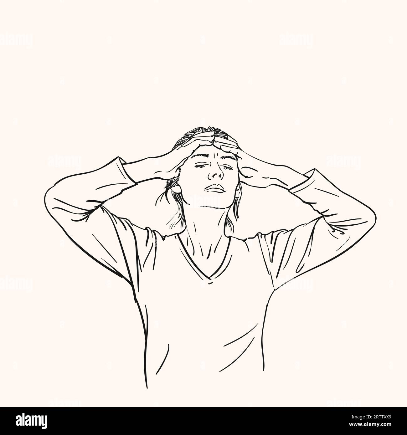 Sketch Of Young Woman Has Headache Holding Hands On Her Head Hand Drawn Vector Linear