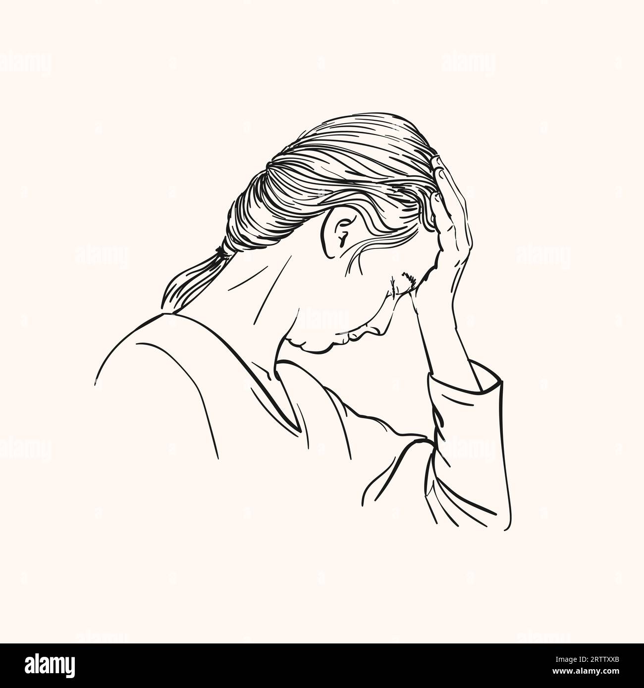 Sketch of young woman has headache holding hand on her forehead, Hand ...