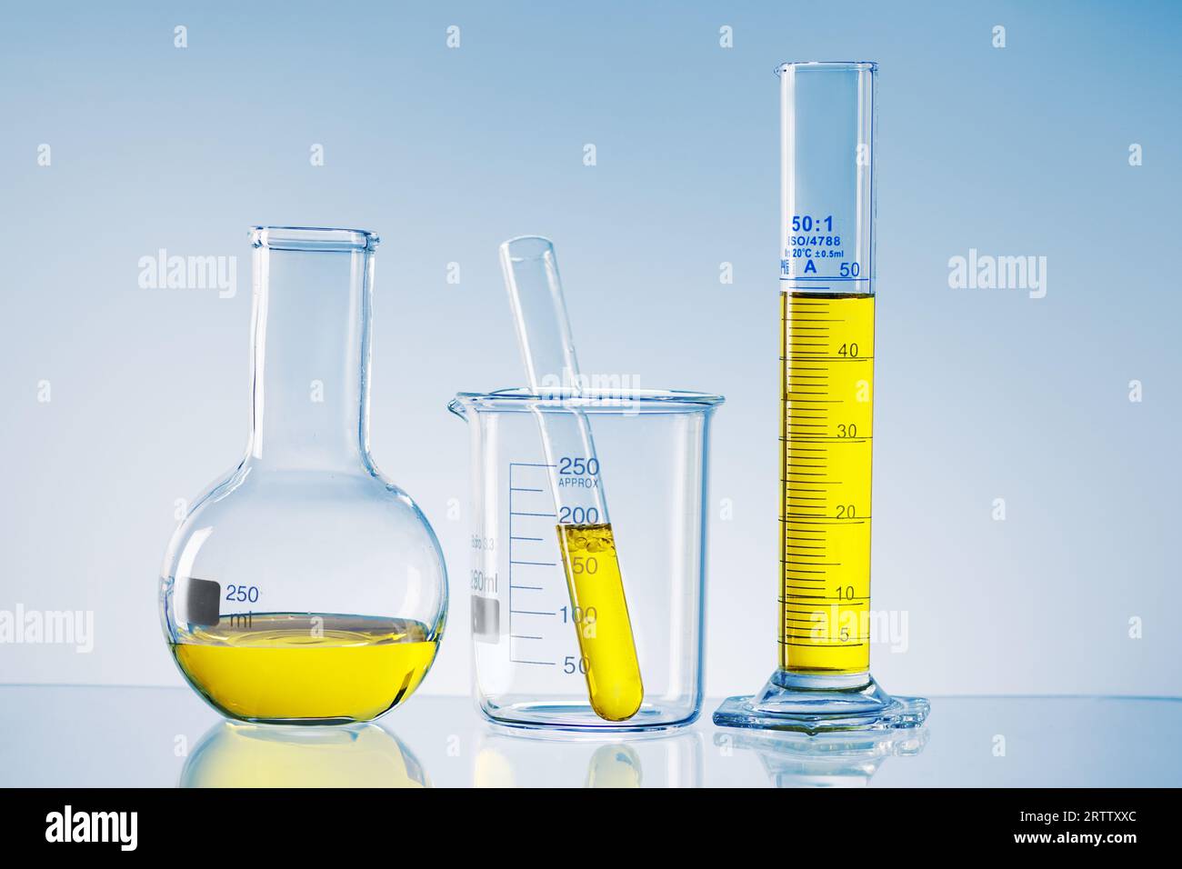 Laboratory research concept. Scientific laboratory glassware with ...
