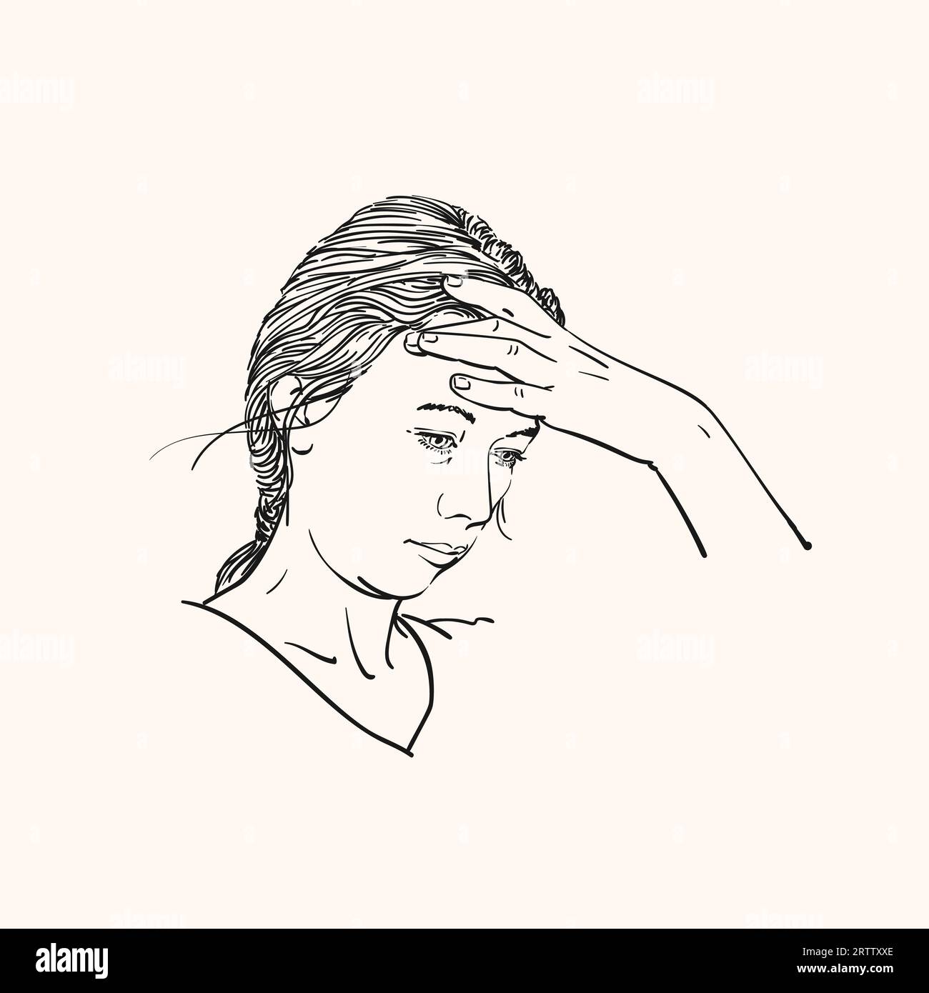 Sketch of young woman has headache holding hand on her head, Hand drawn ...