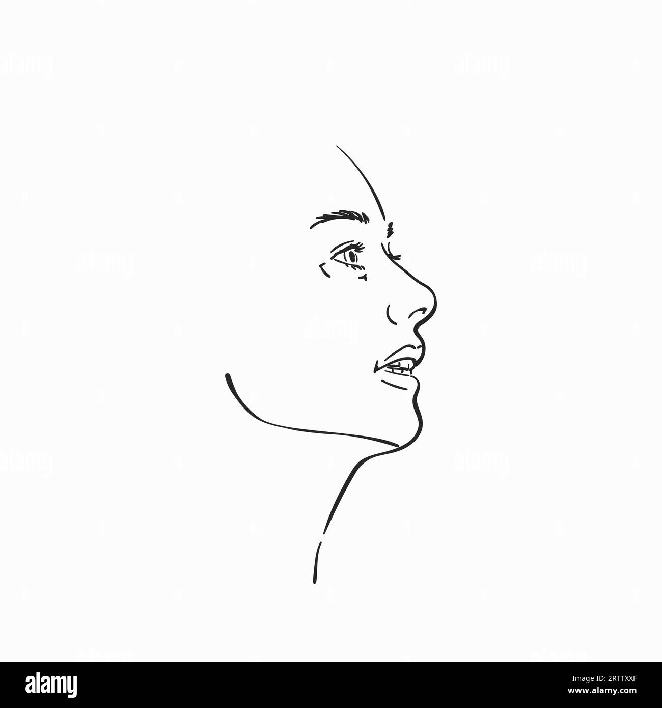 Woman with open mouth face in profile isolated, Vector linear sketch ...