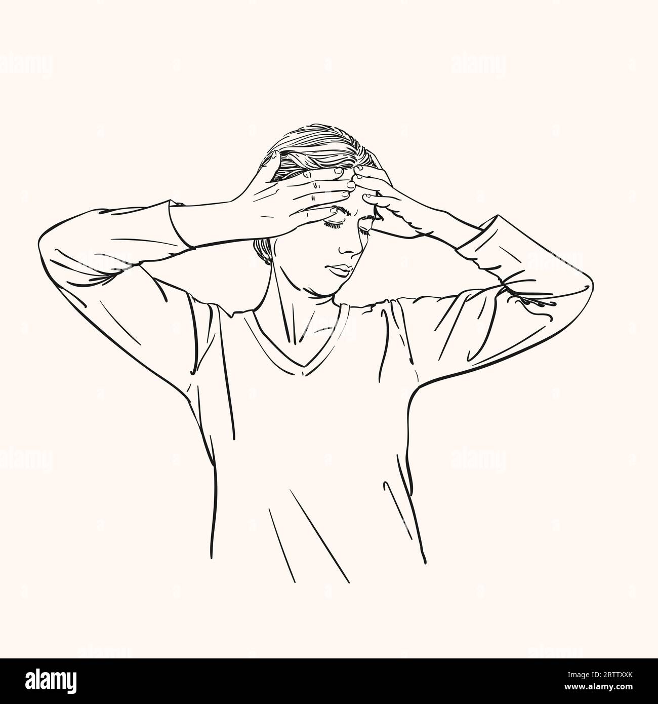 Sketch of young woman has headache holding hands on her head, Hand ...