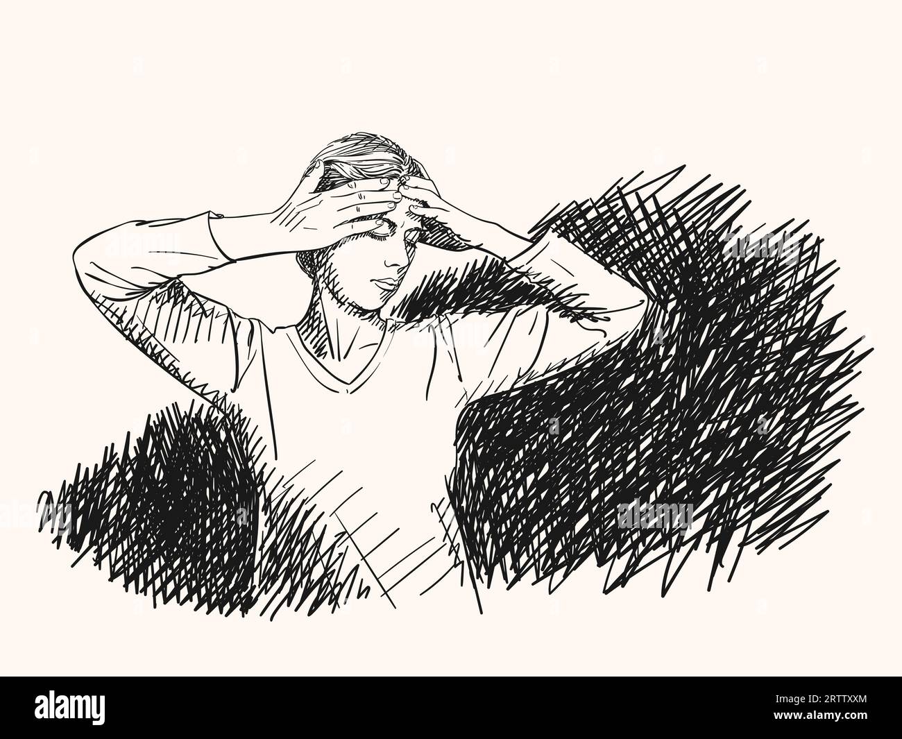 Sketch of young woman holding hands on her head with hatched dark ...