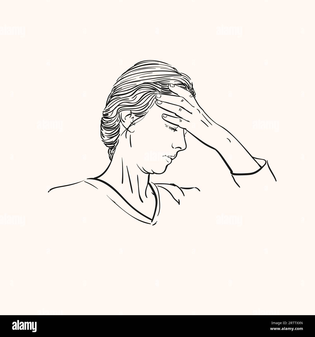 Sketch of young woman has headache holding hand on her head, Hand drawn ...