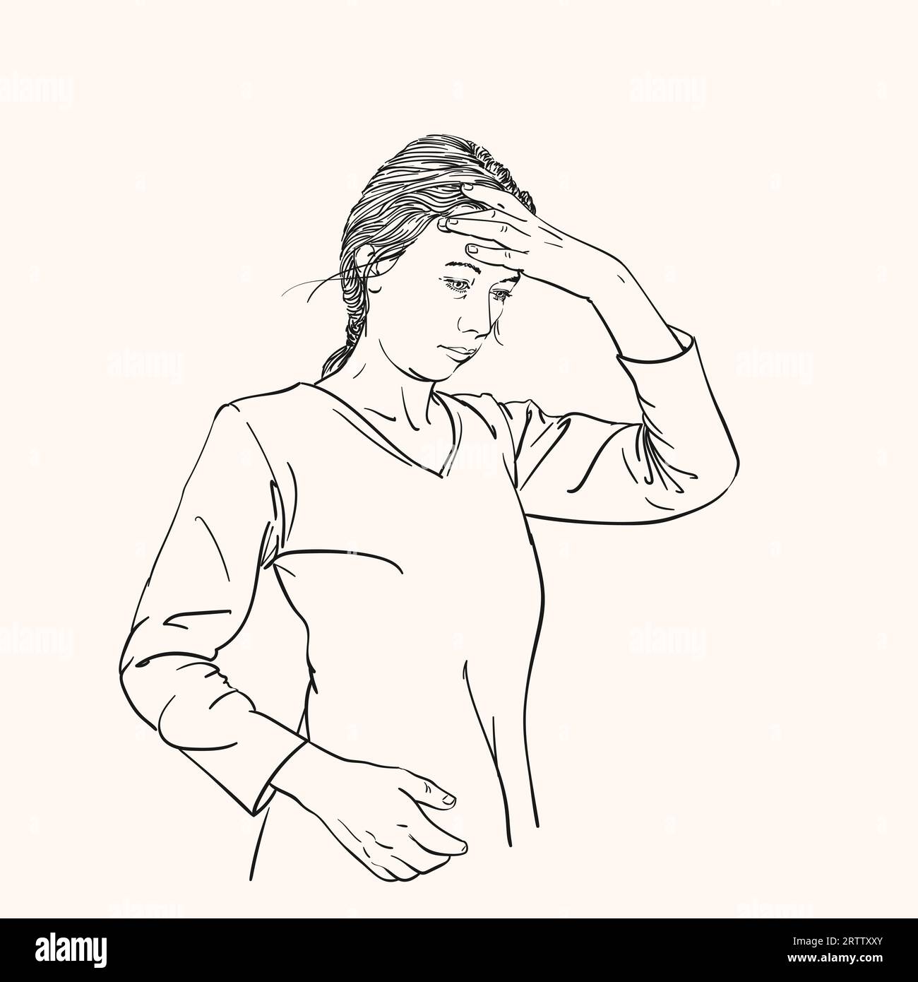 Sketch of young thoughtful woman holding hand on her forehead, Hand ...