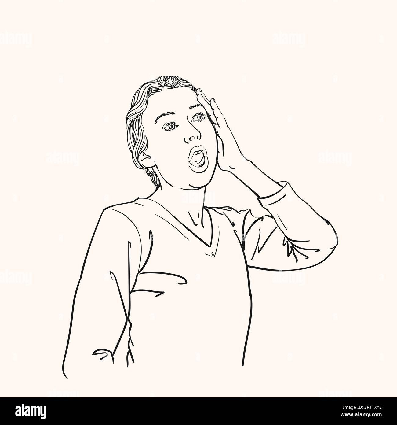 Sketch of surprised young woman open mouth in excitement and is ...