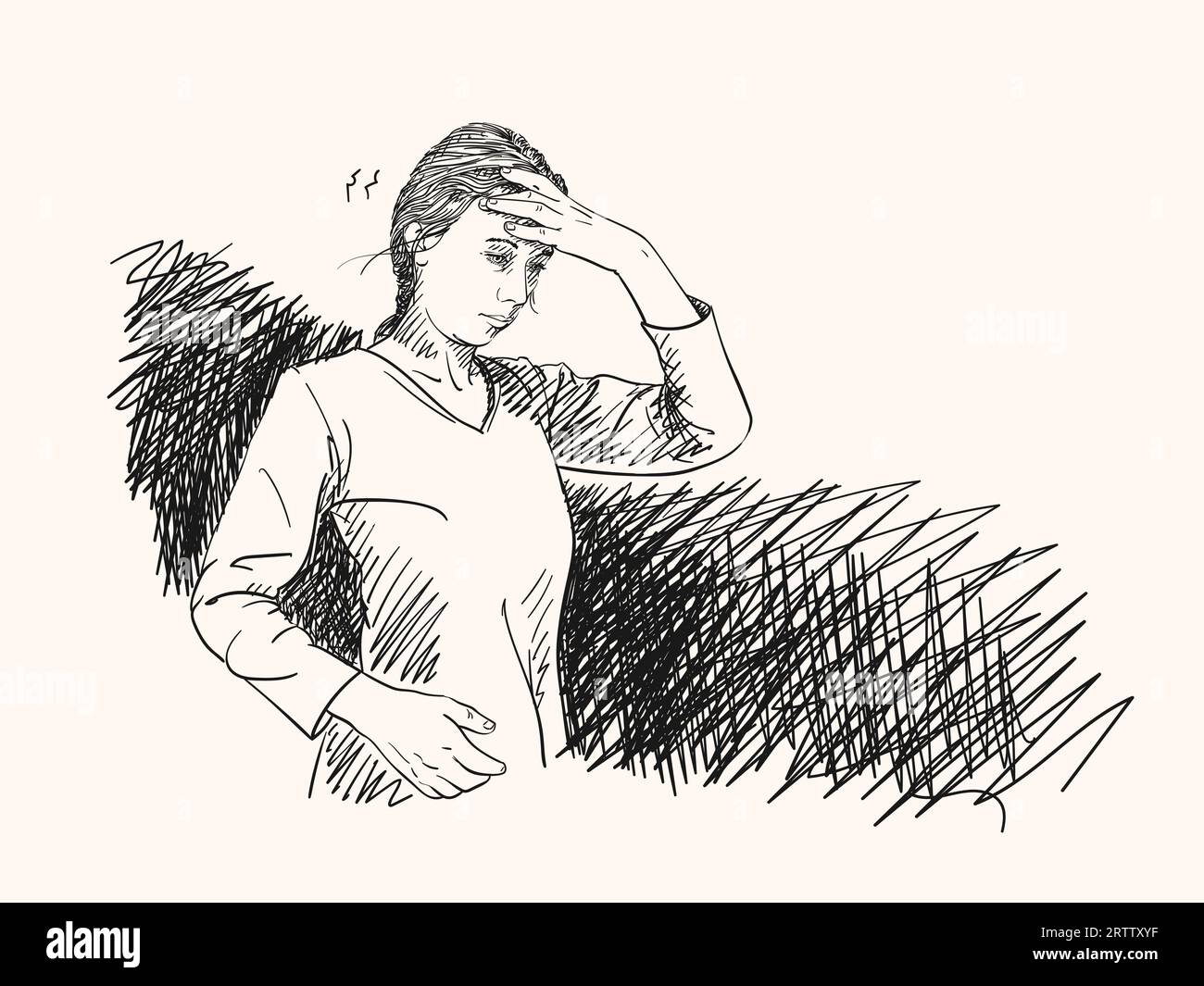 Sketch of young woman has headache holding hand on her head with ...