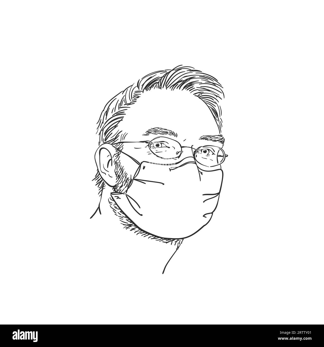 Man wearing medical face mask and eyeglasses, Hand drawn linear ...