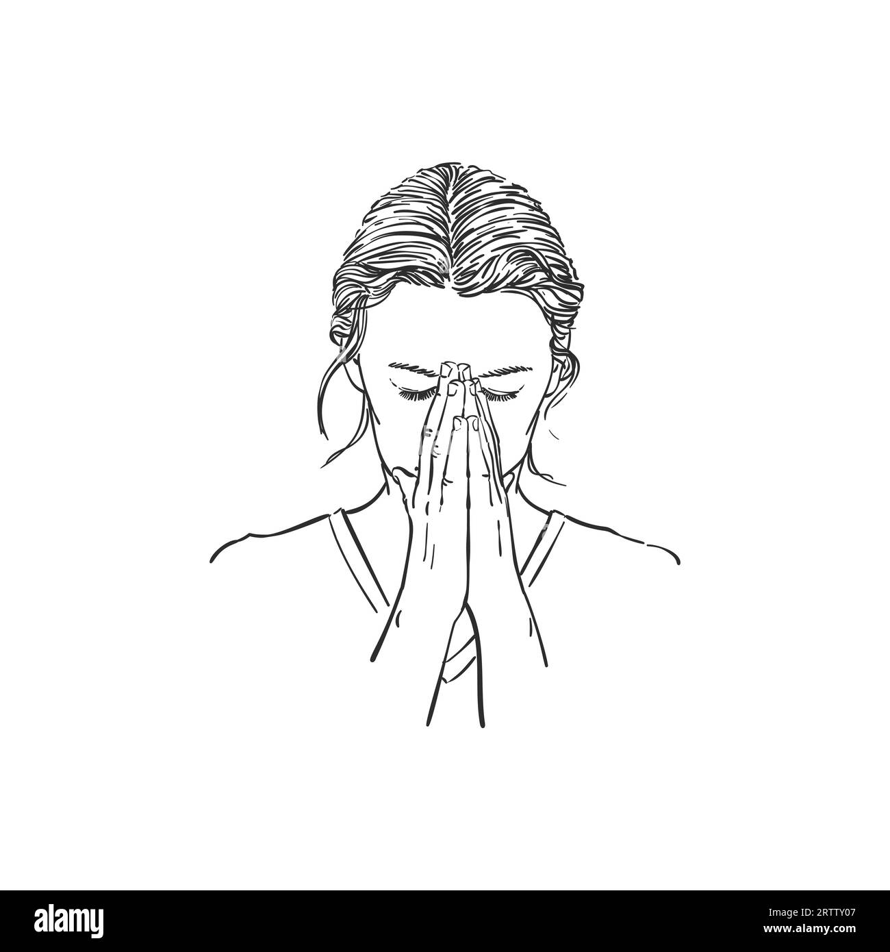 Sketch of woman praying with hands folded in worship, eyes closed in ...