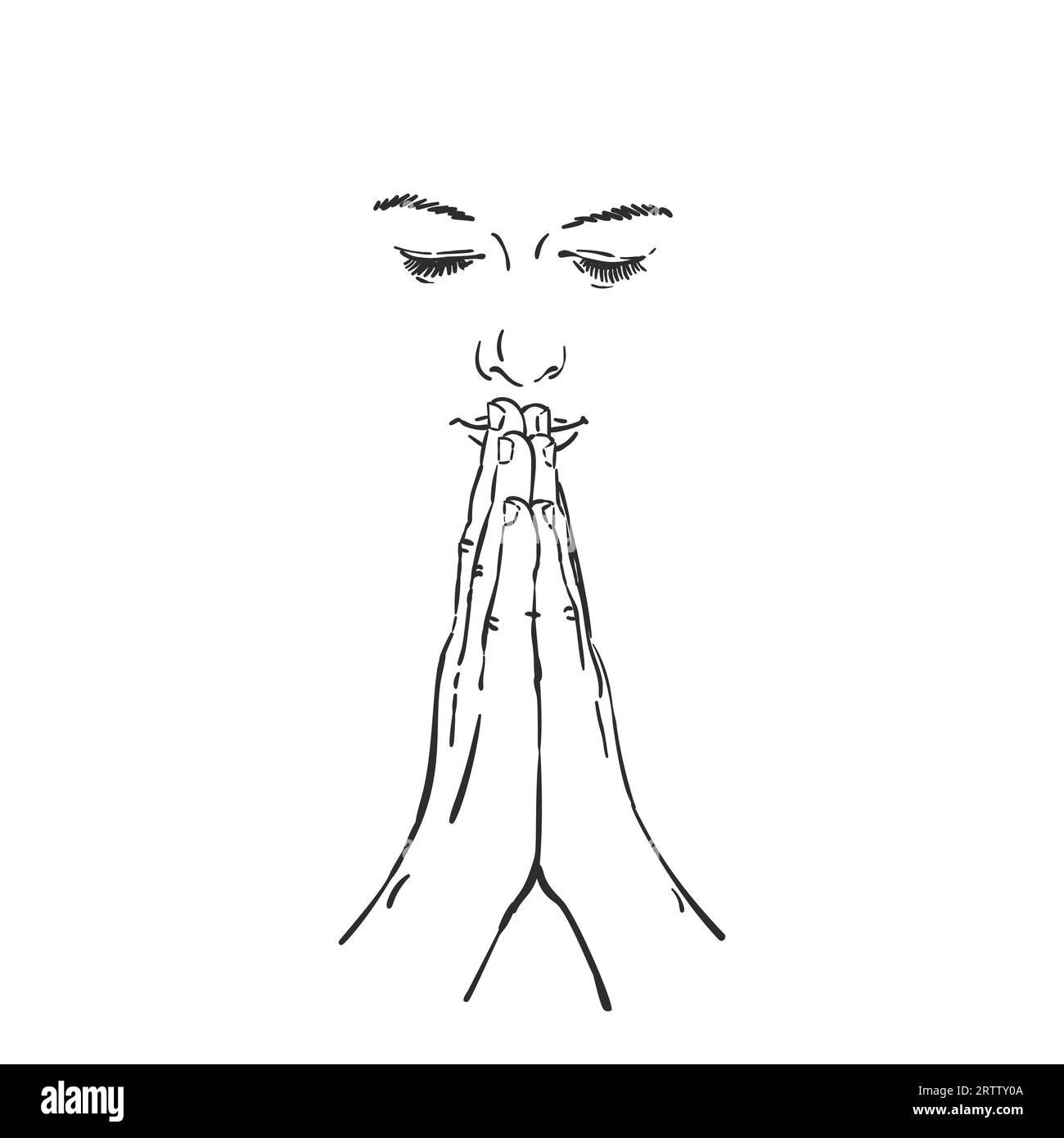 Sketch of isolated face of woman praying with hands folded in worship ...