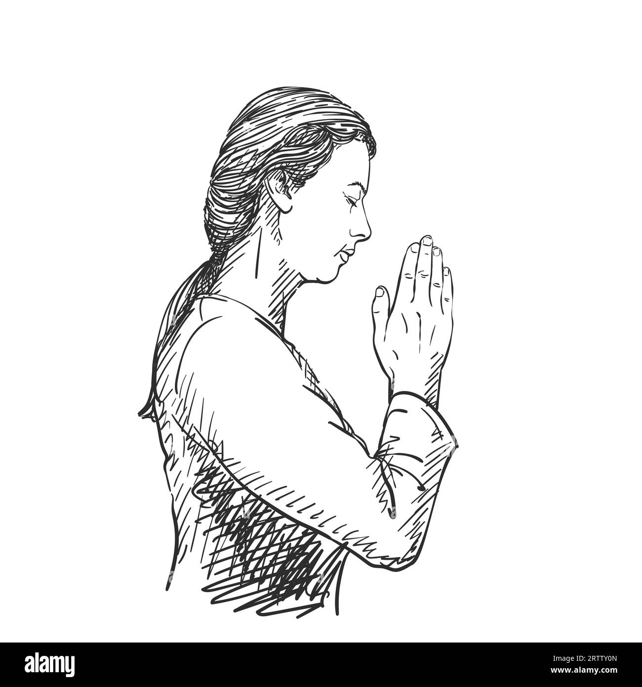 Sketch of woman praying with hands folded in worship, eyes closed in ...