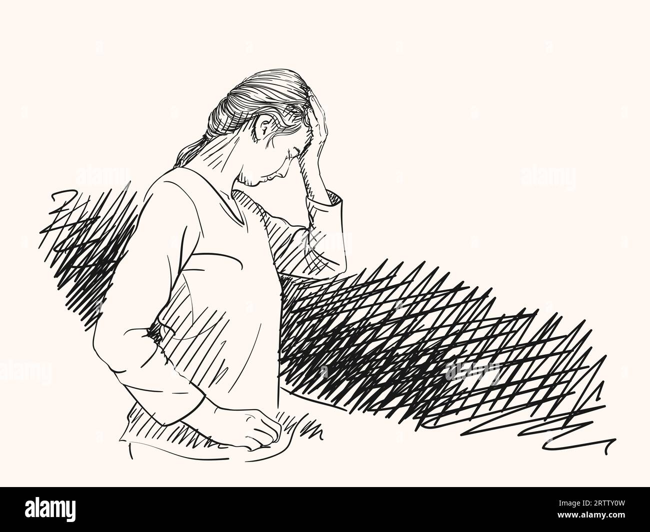 Sketch of young woman has headache holding hand on her head with cross ...