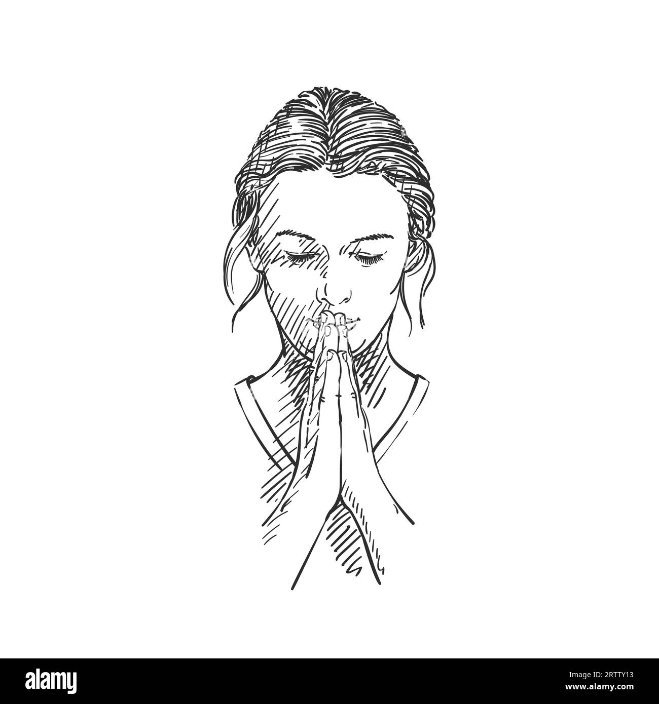 Sketch of woman praying with hands folded in worship, eyes closed in ...