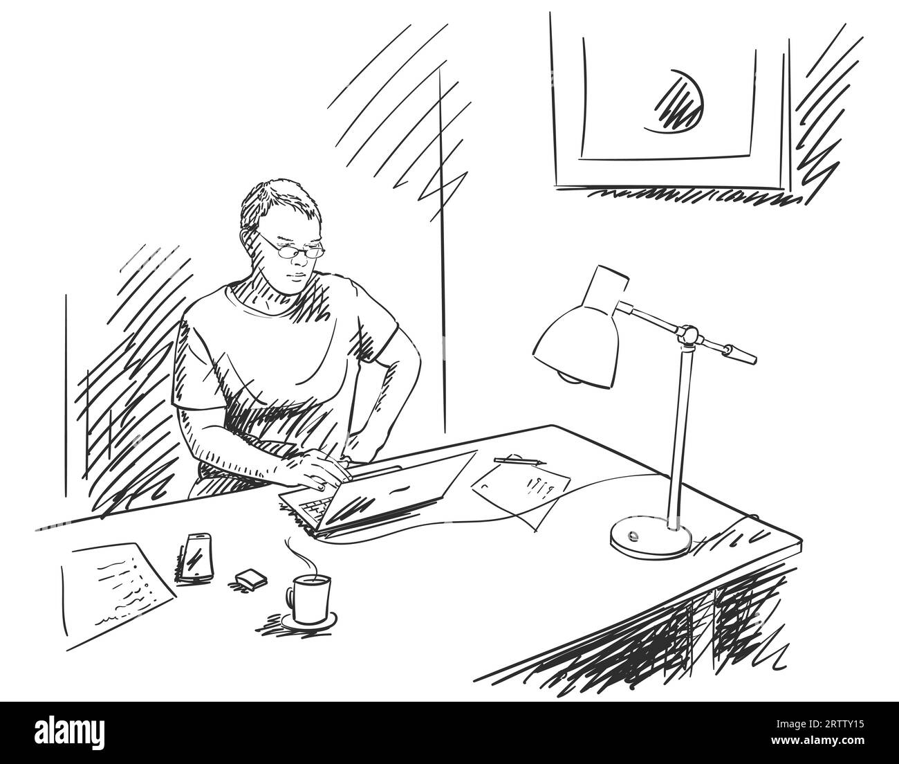 Sketch of man working from home on laptop with table lamp, coffee cup ...