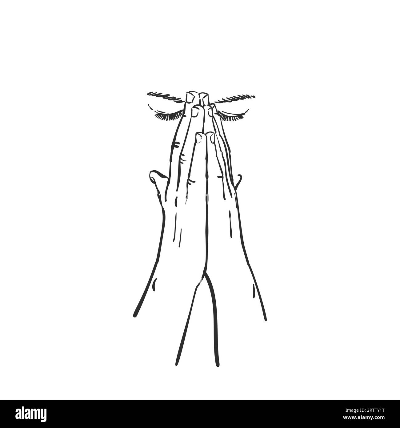 Sketch of praying woman closed face with with hands folded in worship ...