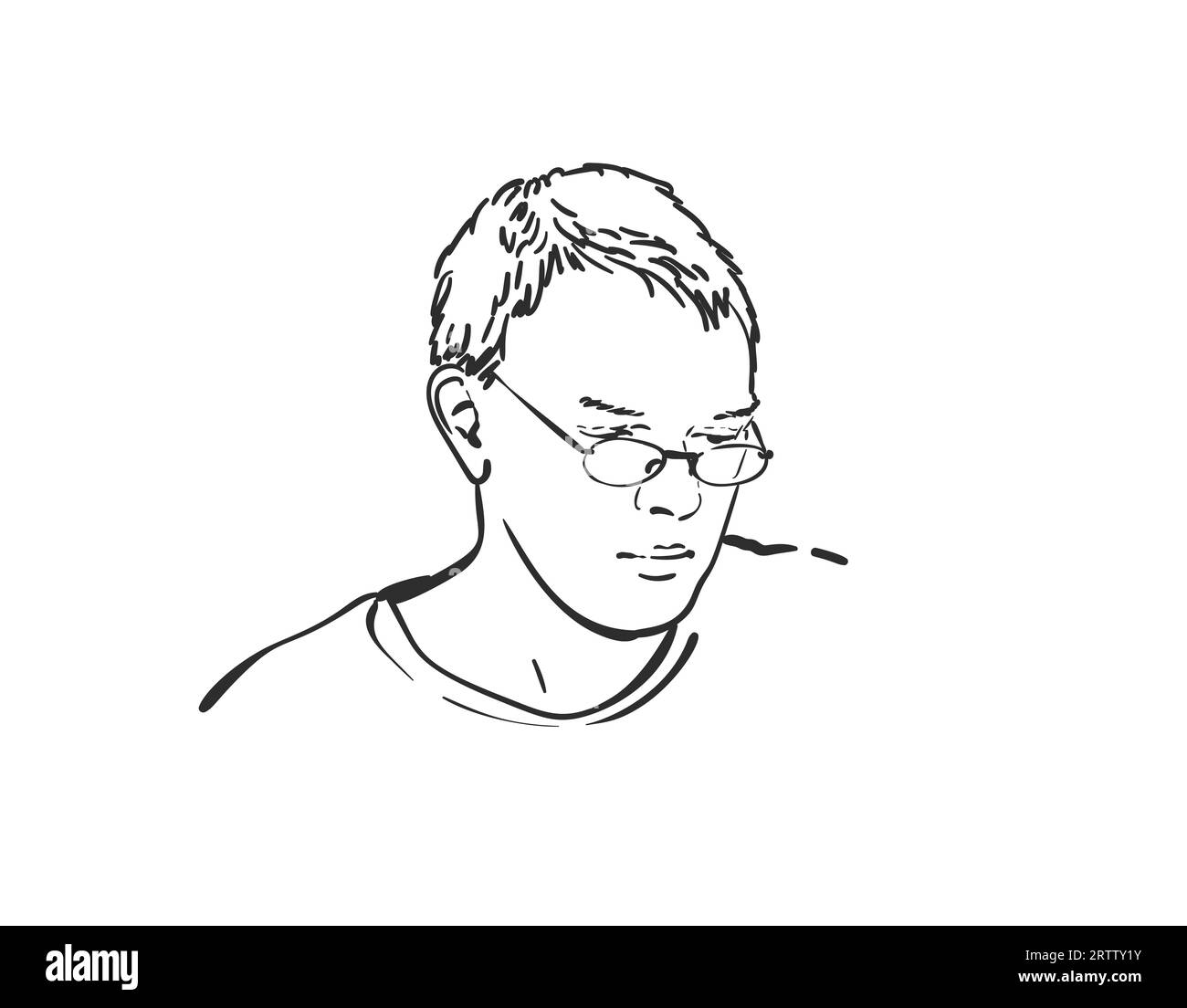 Sketch of man portrait in eyeglasses with eyes looking down, Hand drawn ...