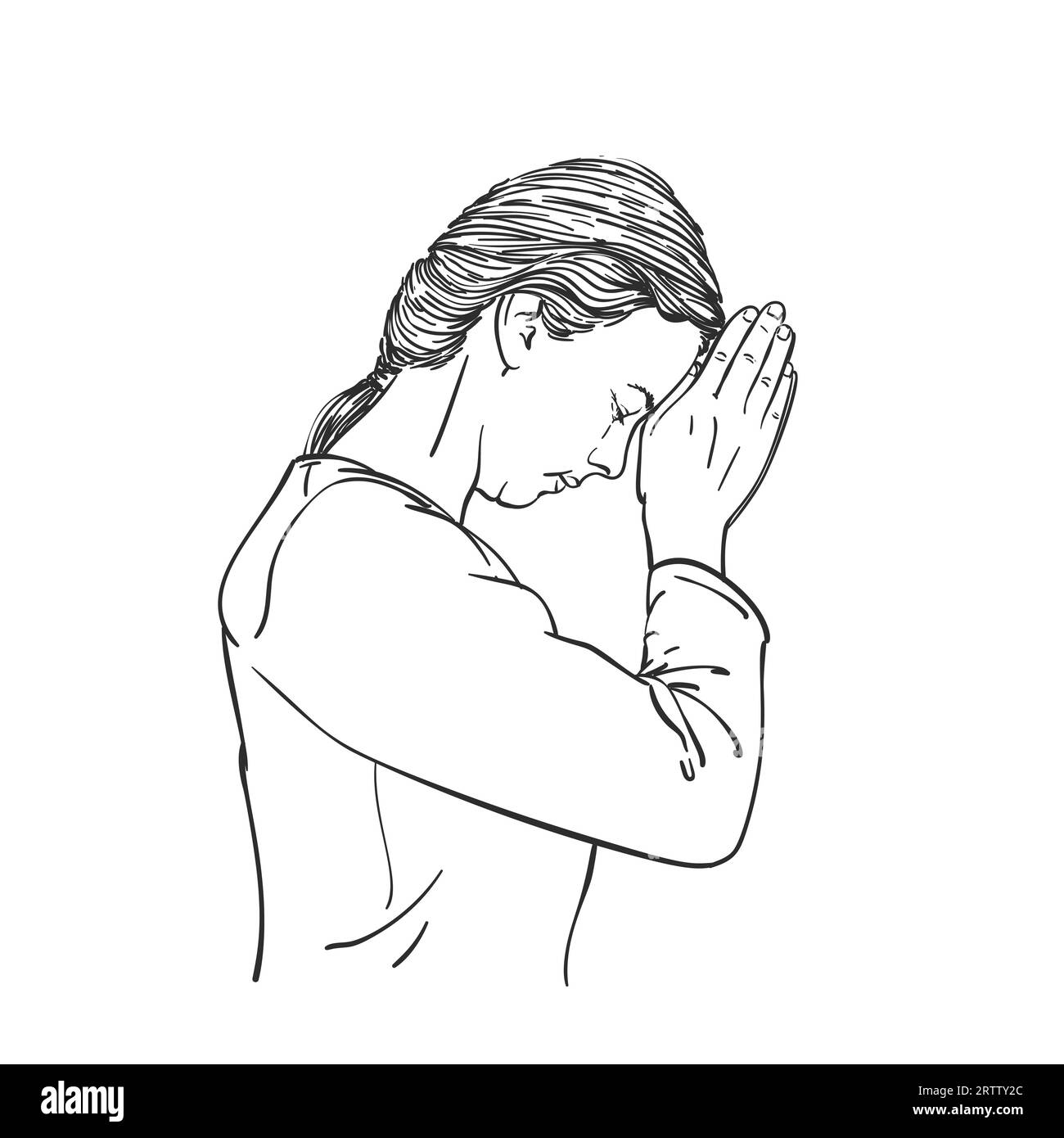 Sketch of woman praying with hands folded in worship touching the ...