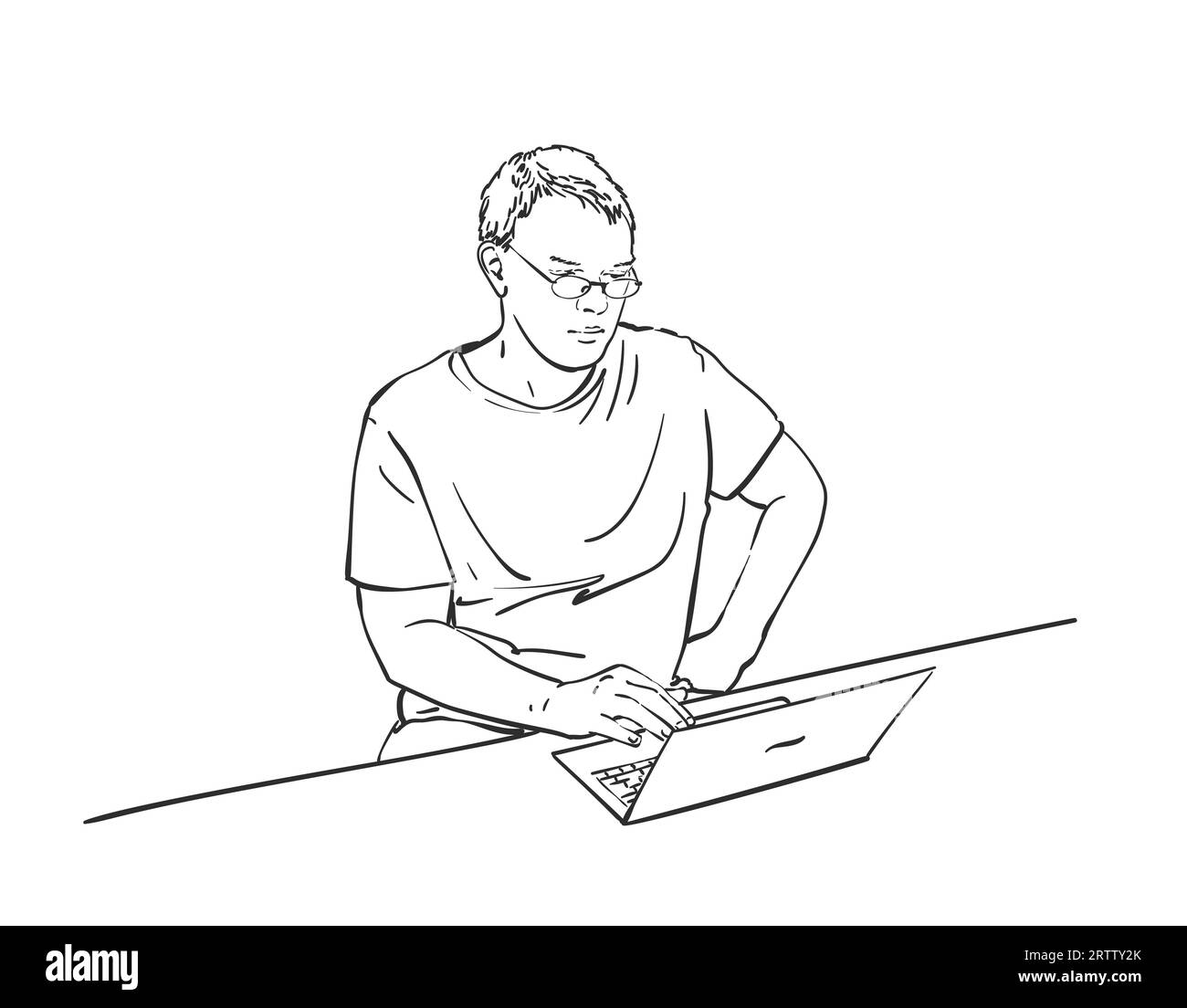 Sketch of man working on laptop. Hand drawn vector illustration Stock ...