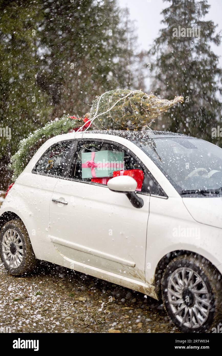 Car with Christmas tree on a rooftop and presents inside Stock Photo ...
