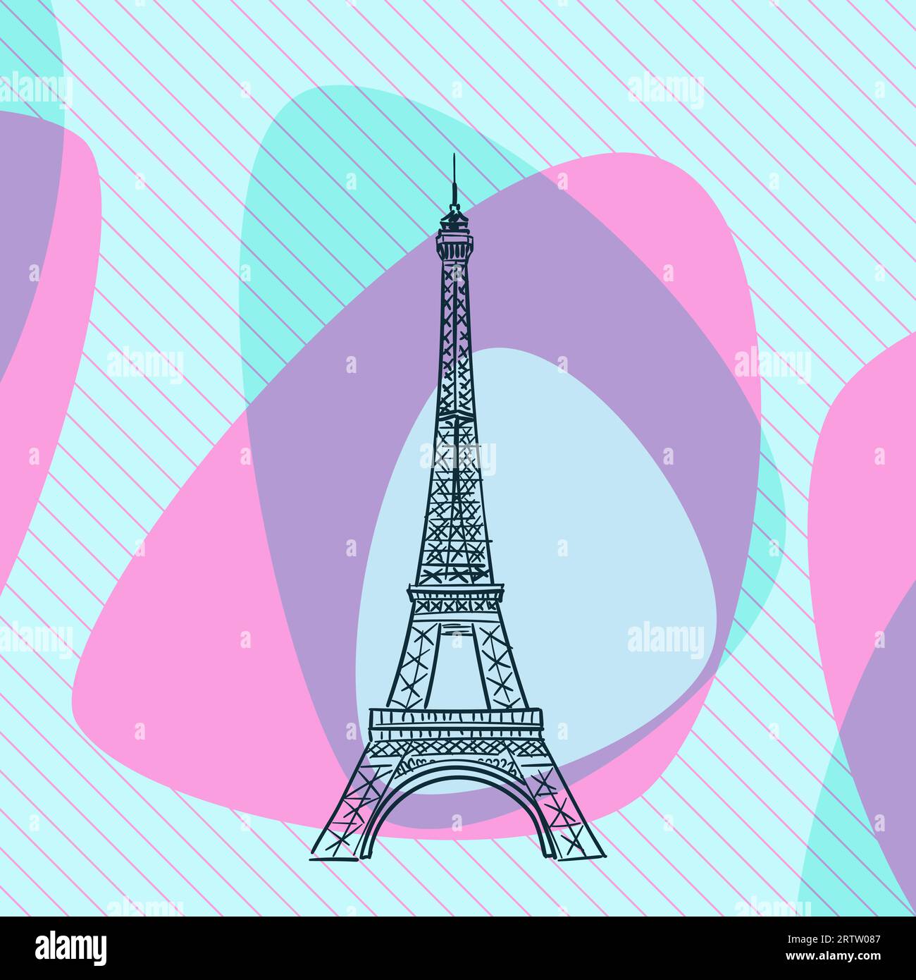 Sketch of Eiffel Tower in Paris, France, on aqua menthe and pink color ...
