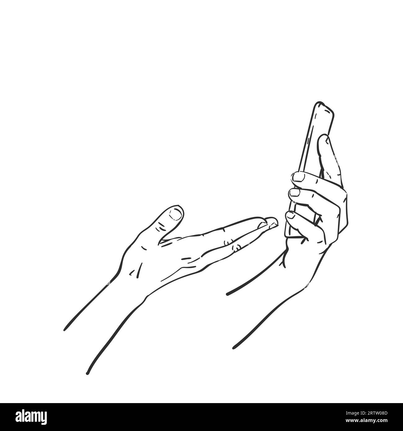Sketch of hand showing smartphone screen, hand drawn vector line art ...