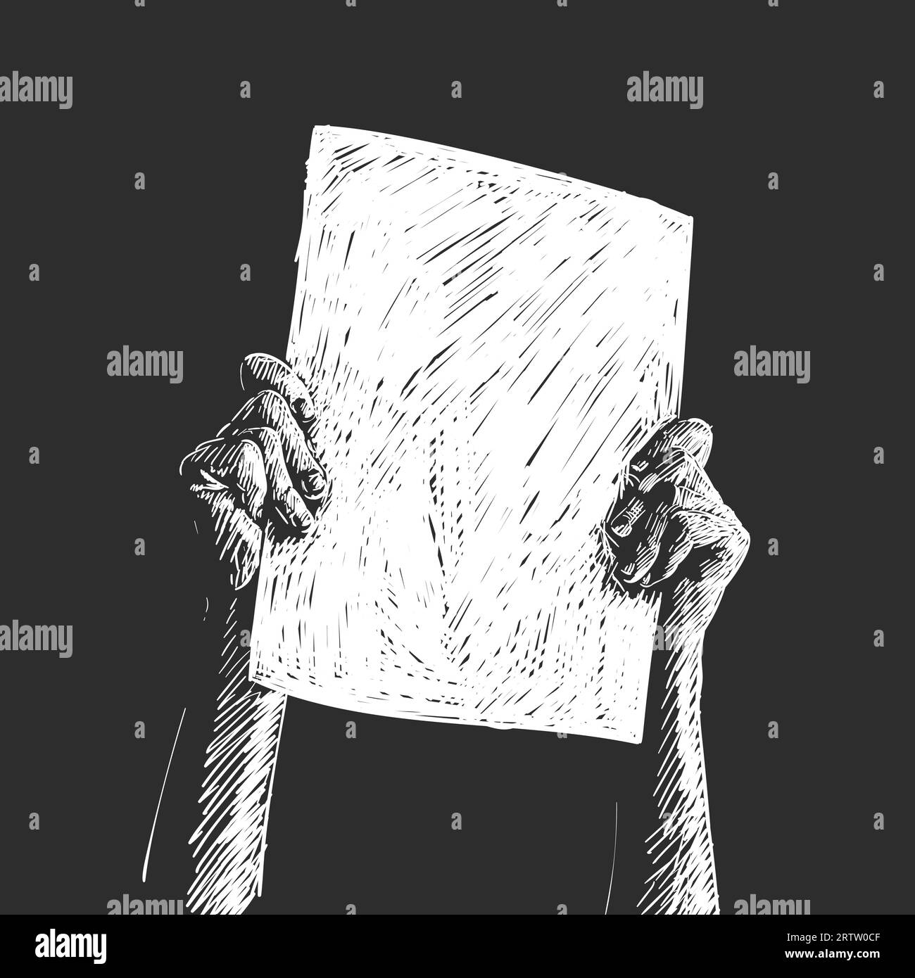 Protest, Hands holding blank banner. White sketch on black background ...