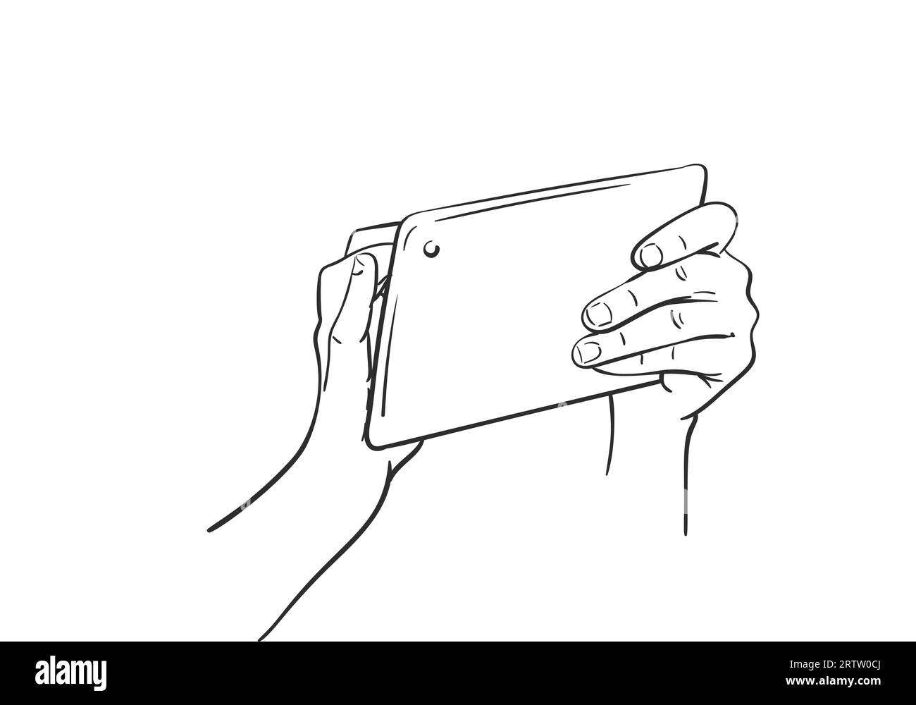 Sketch of hand holding tablet and fingers touch screen, Hand drawn ...