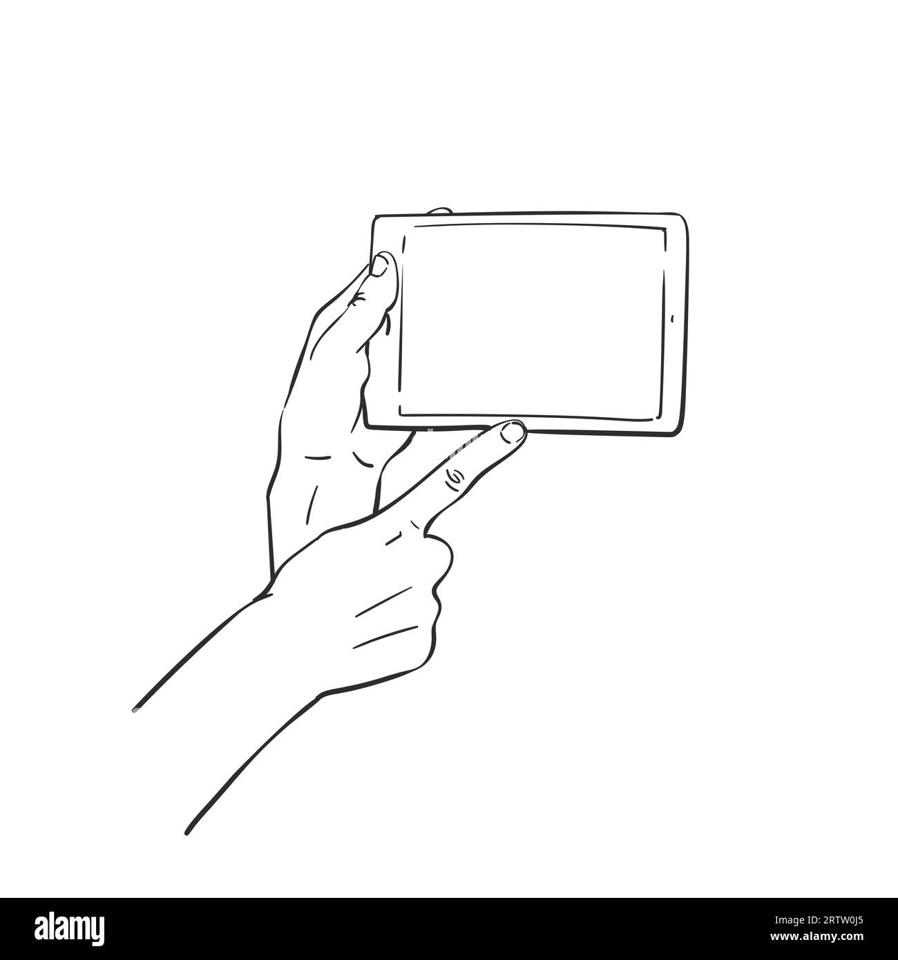 Sketch of hand holding mockup smartphone and finger pointing on screen ...