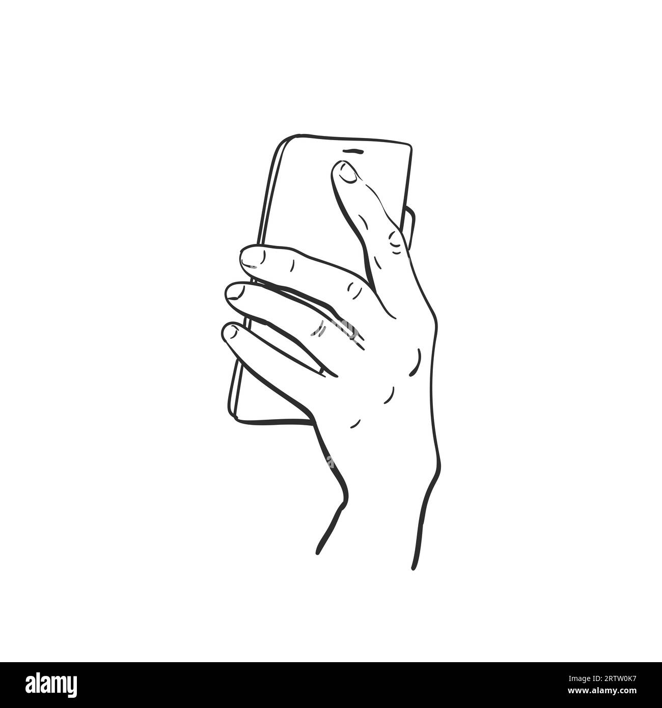 Vector sketch of hand holding smartphone, Hand drawn linear ...
