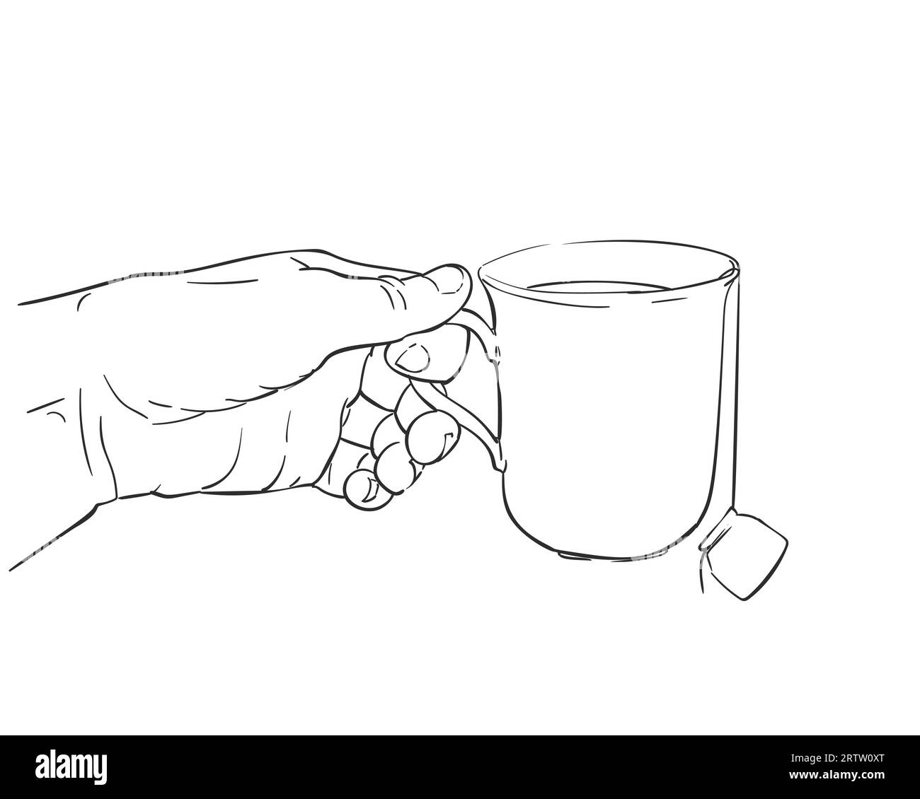 Drawing of hand holding cup of tea wih tea bag, Vector linear sketch ...