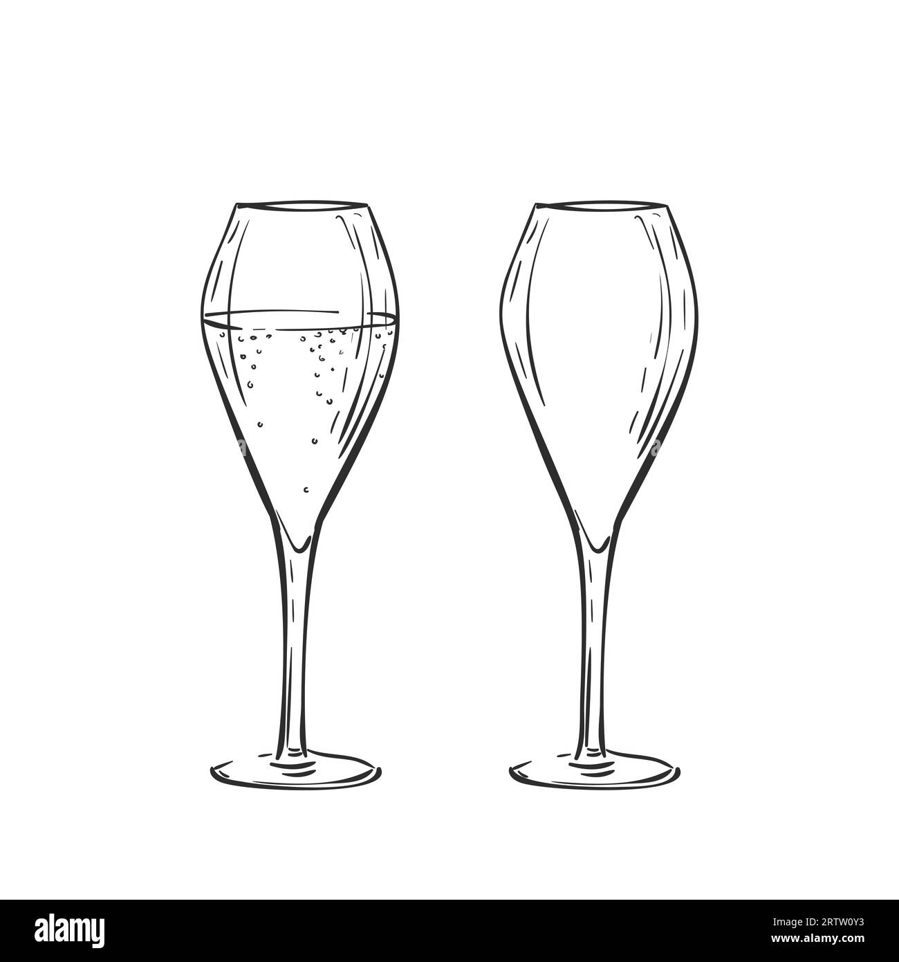 Empty and full tulip champagne glass vector drawing isolated. Hand ...