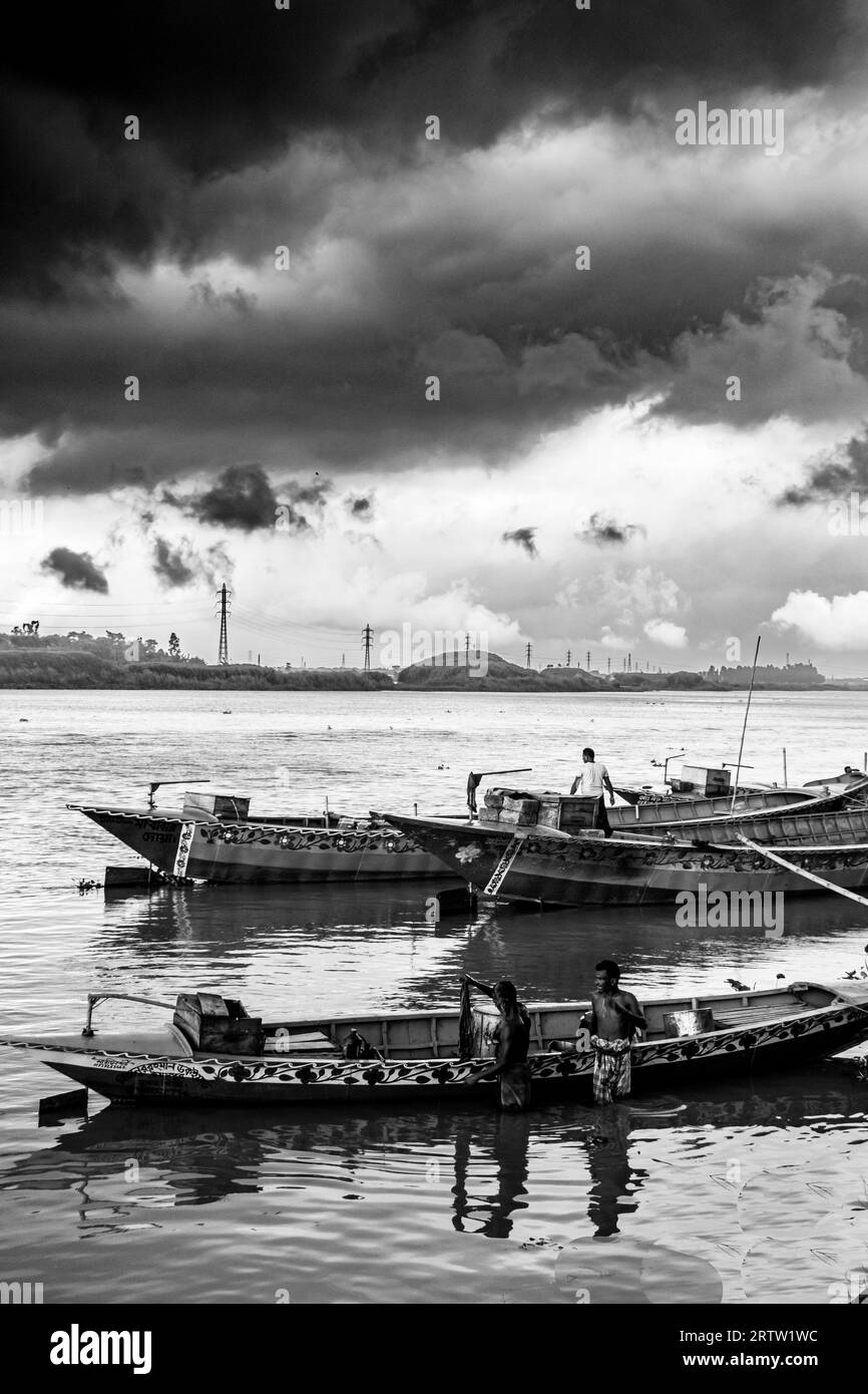 Traditional boat station under the dark cloudy sky on September 05 ...