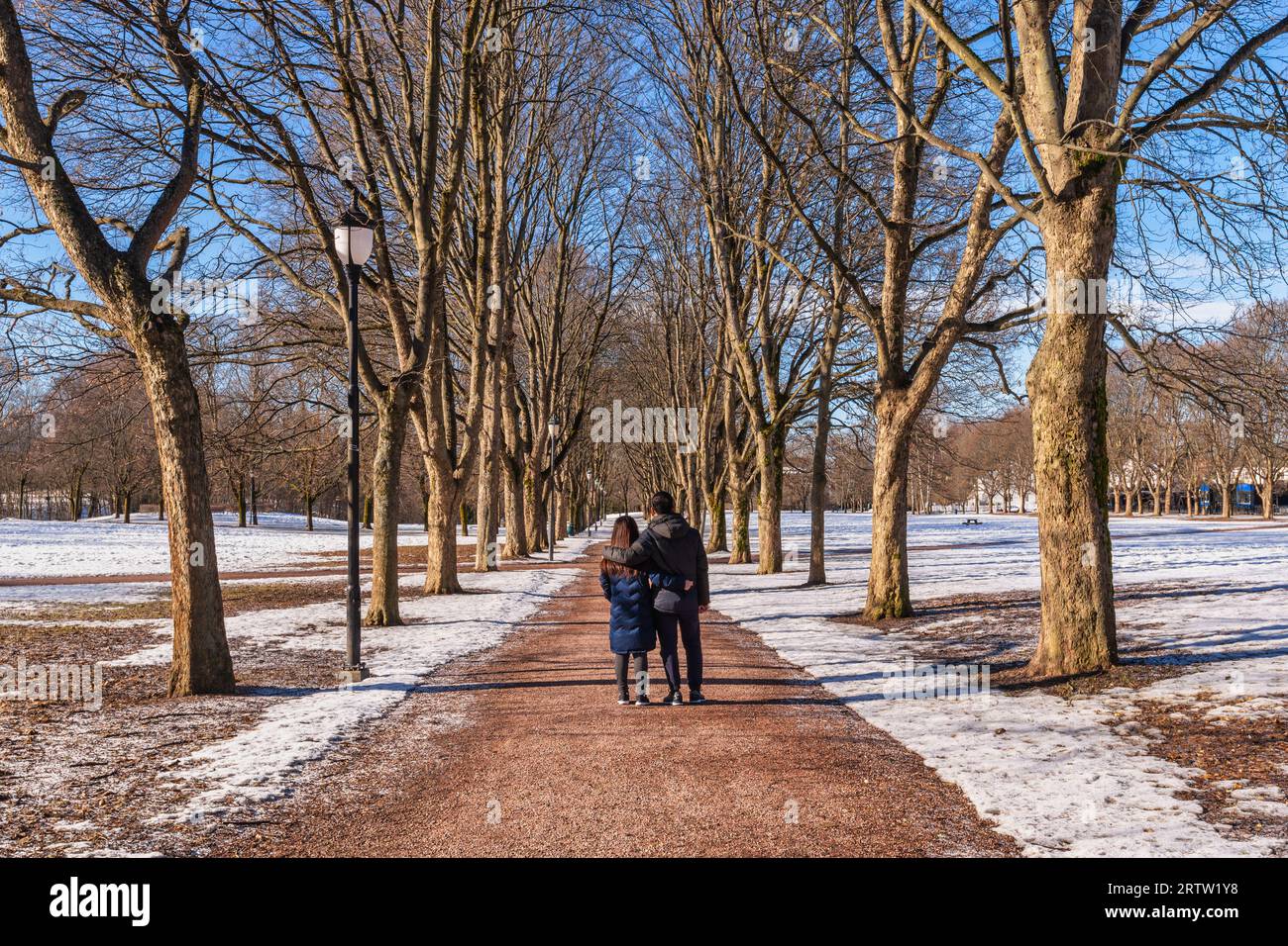 Oslo Norway, snow winter landscape at Vigeland Park with love couple ...