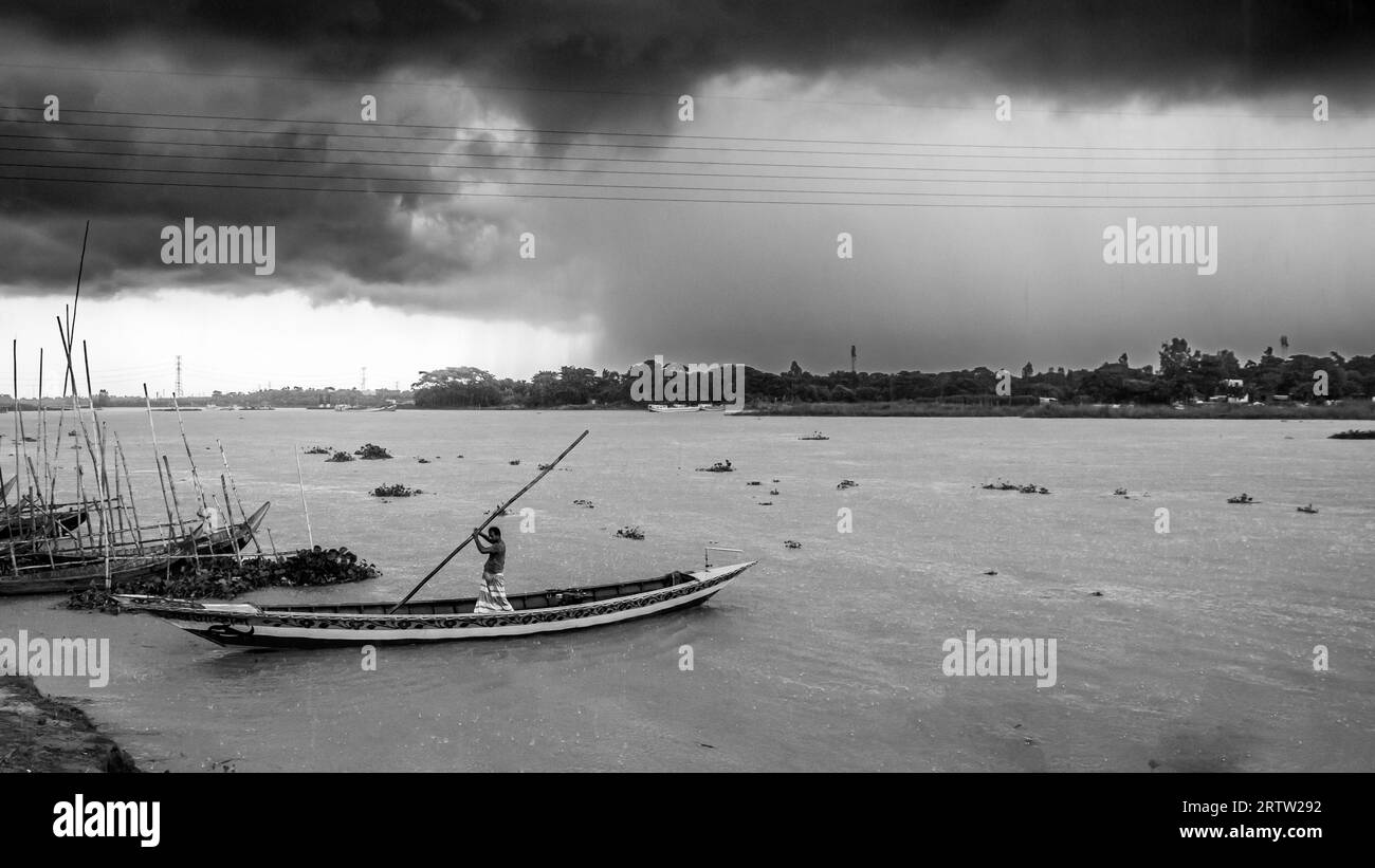 Traditional boat station under the dark cloudy sky on September 05 ...