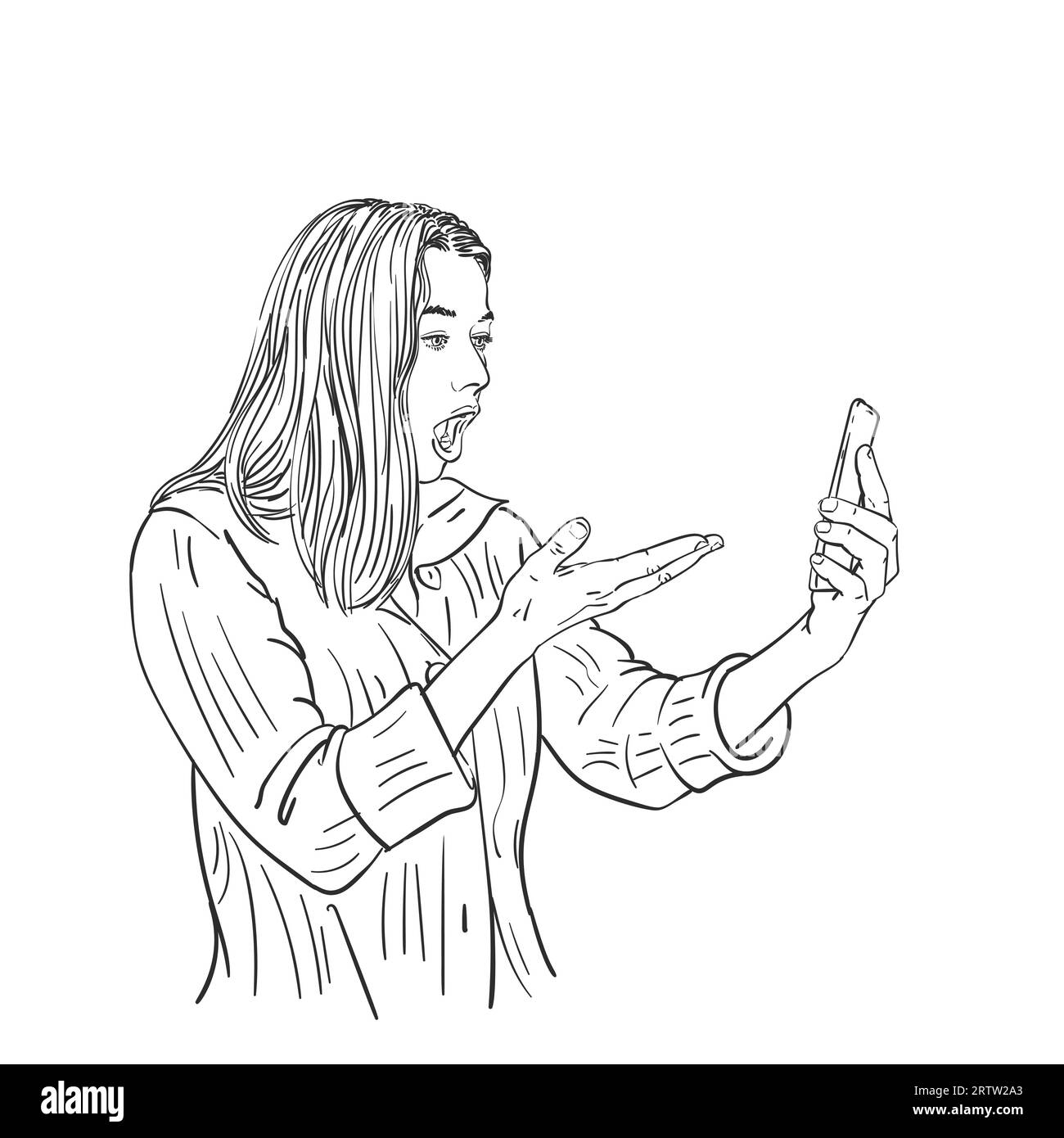 Sketch of surprised young woman talking video call on smartphone, Hand ...