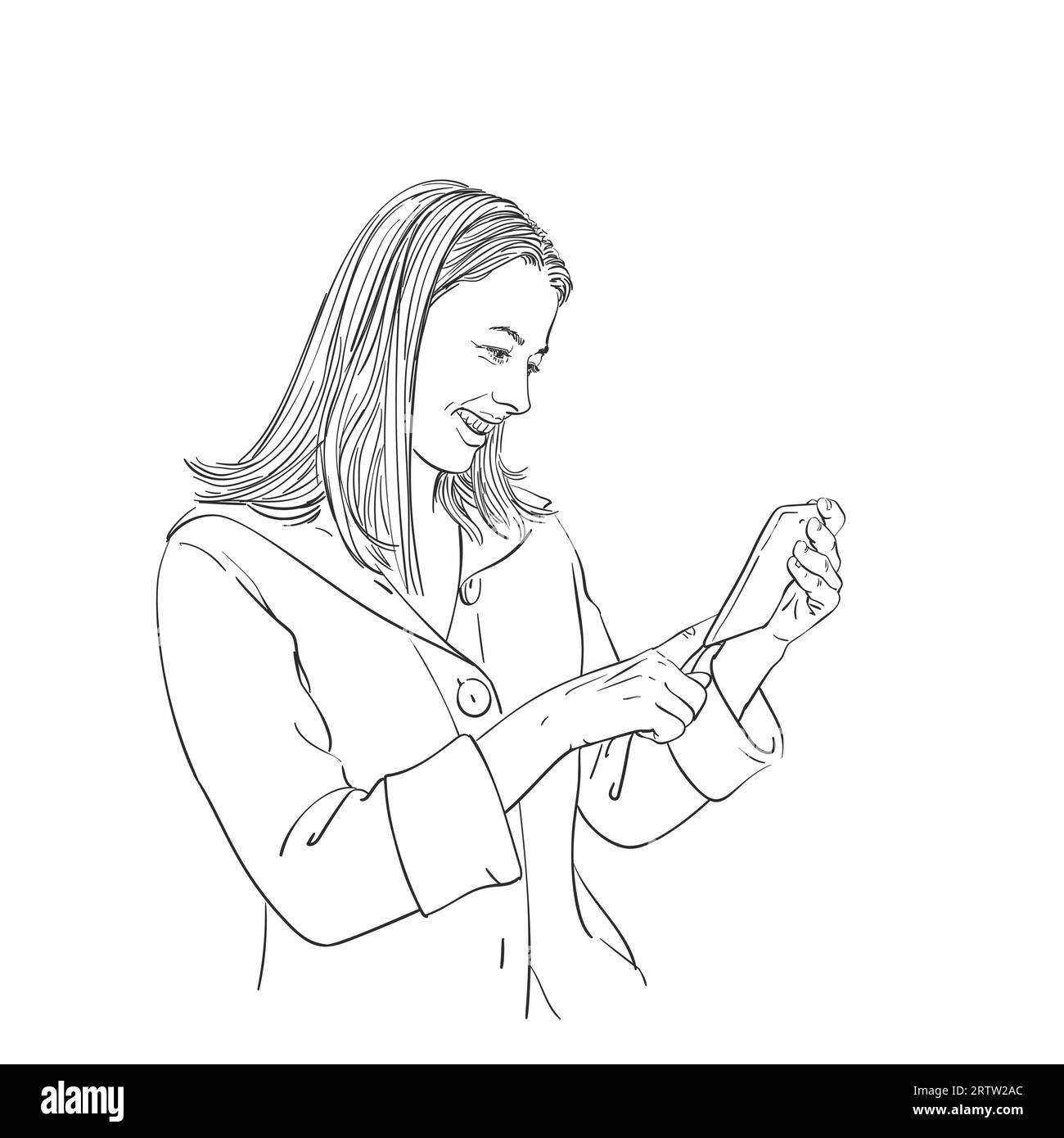 Sketch Of Happy Woman Using Tablet Hand Drawn Vector Linear