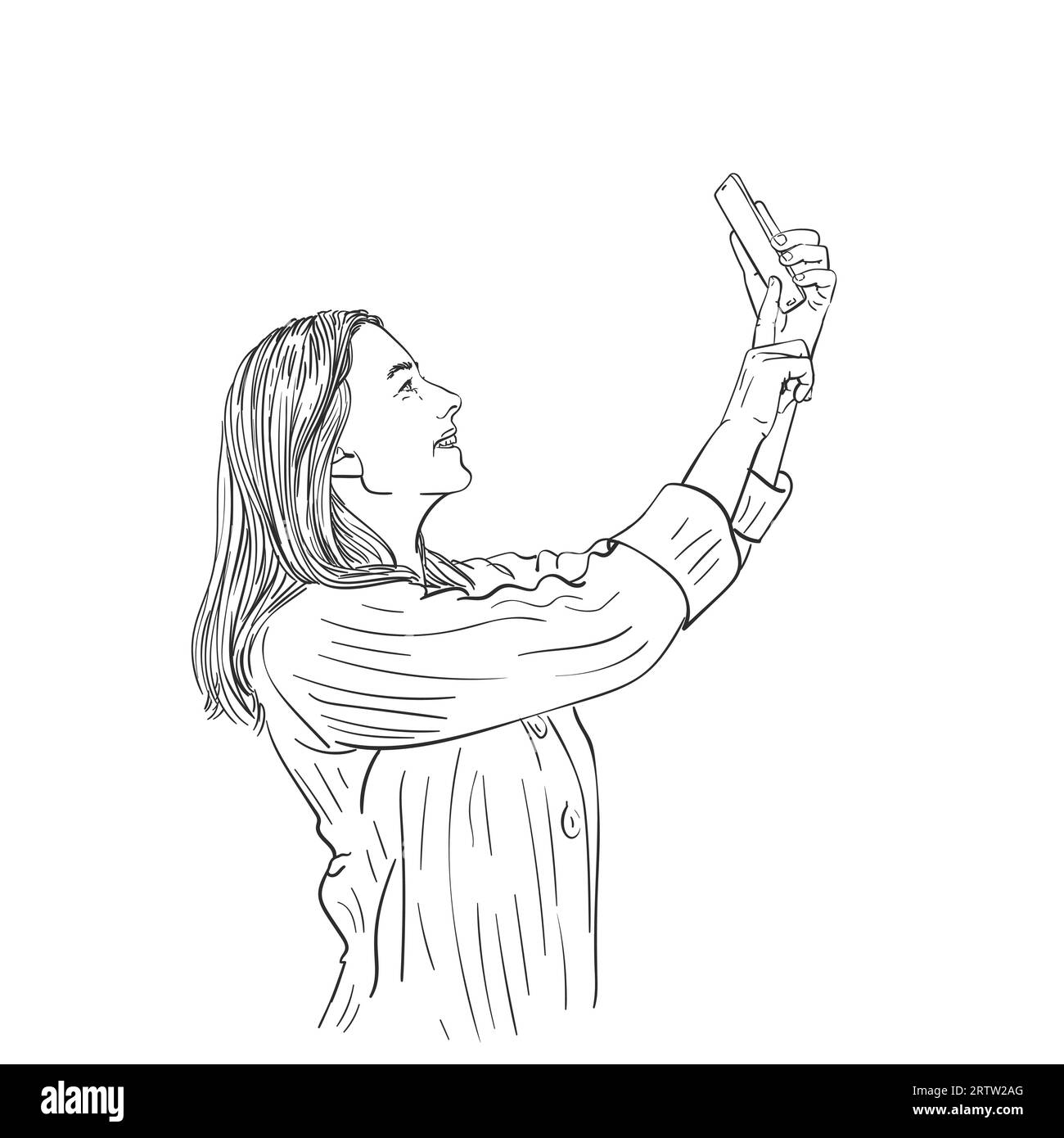 Sketch of happy woman taking selfie with smartphone, Hand drawn vector ...