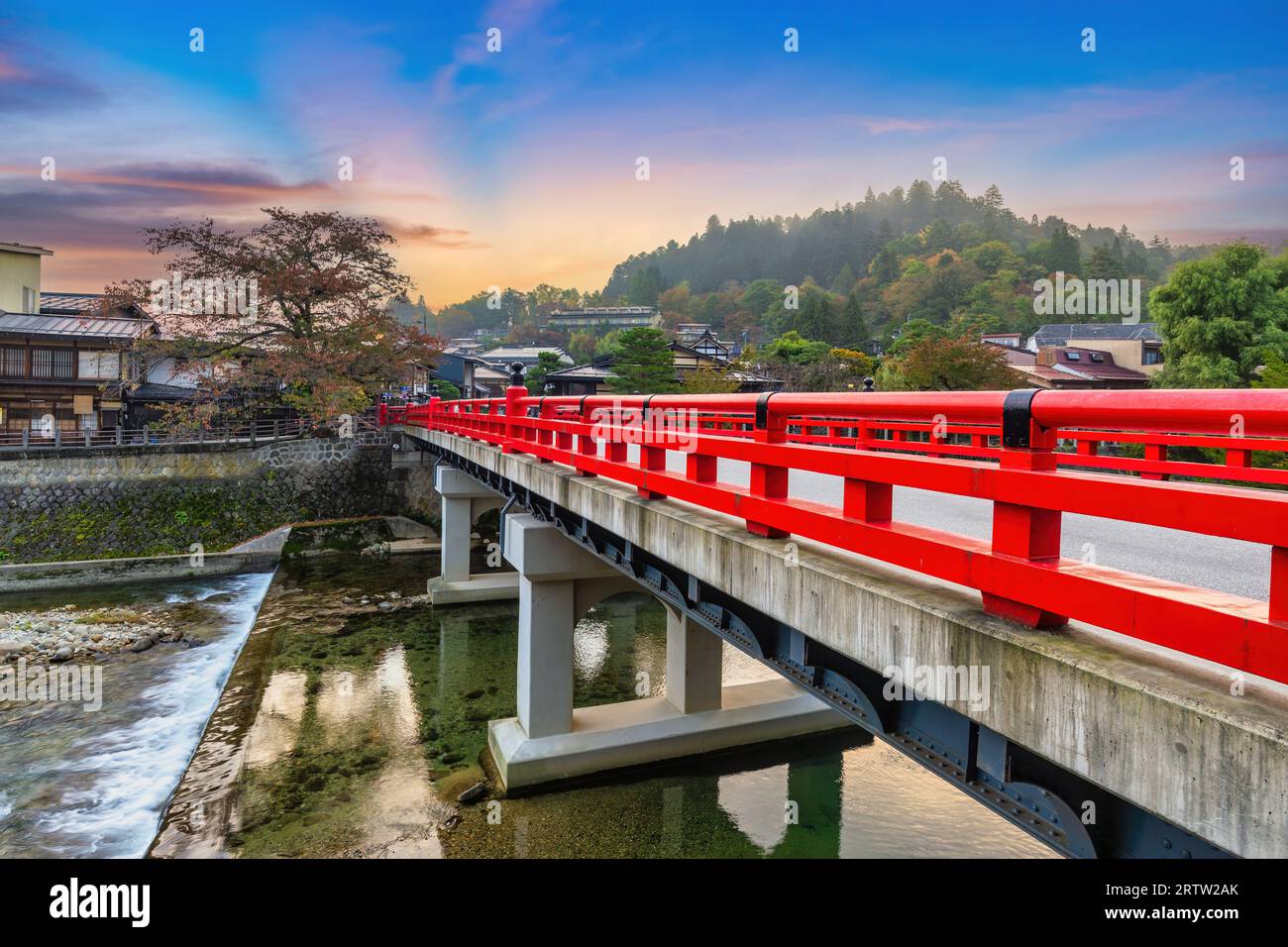 Takayama Gifu Japan, sunrise city skyline at Nakabashi red bridge and ...